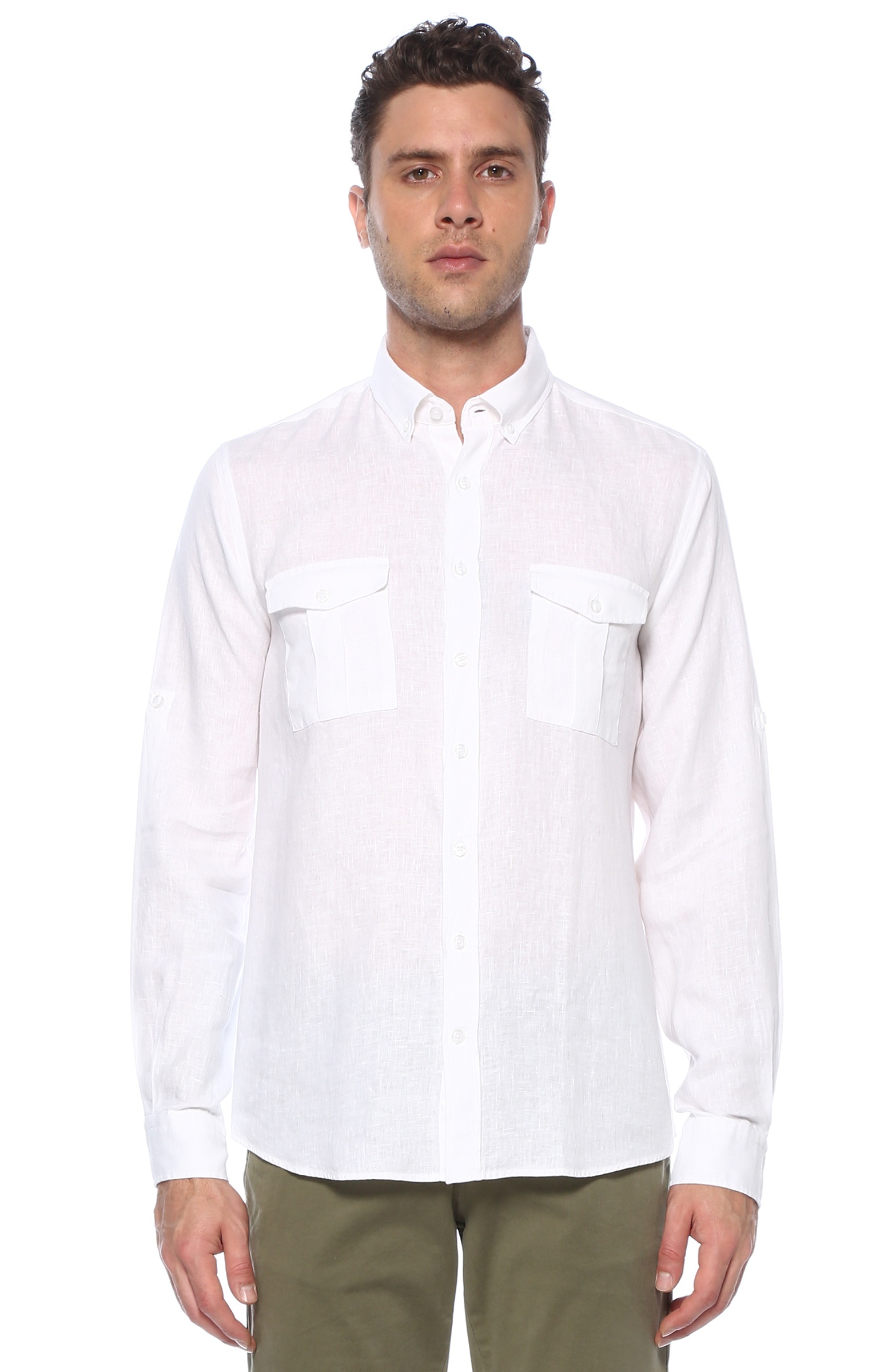 Regular Fit Beyaz Polo Yaka Keten Gömlek Regular Fit Beyaz Polo Yaka Keten Gömlek