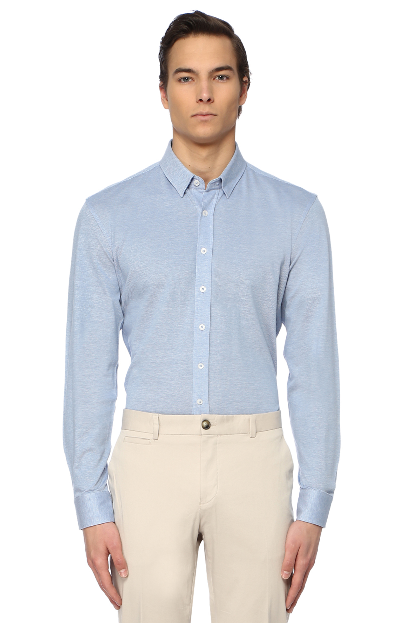 Slim Fit Mavi Armürlü İngiliz Yaka Gömlek Slim Fit Mavi Armürlü İngiliz Yaka Gömlek