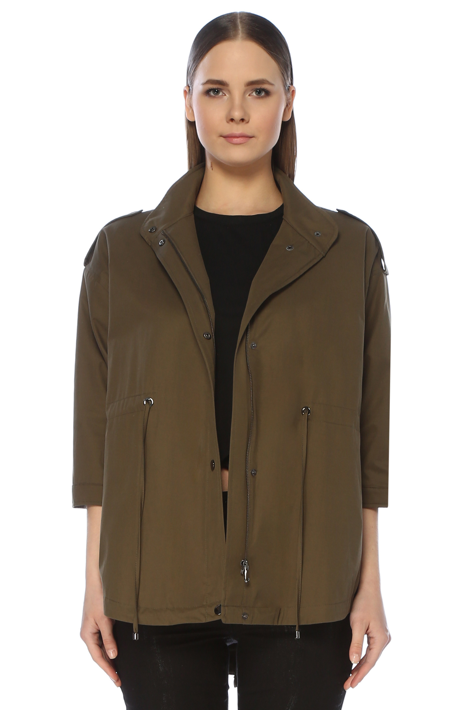 Haki Dik Yaka Sırtı İşleme Detaylı Mont