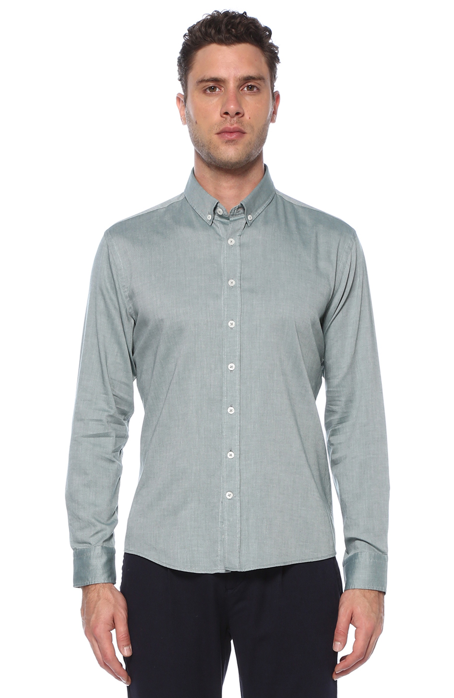 Slim Fit Yeşil Polo Yaka Gömlek