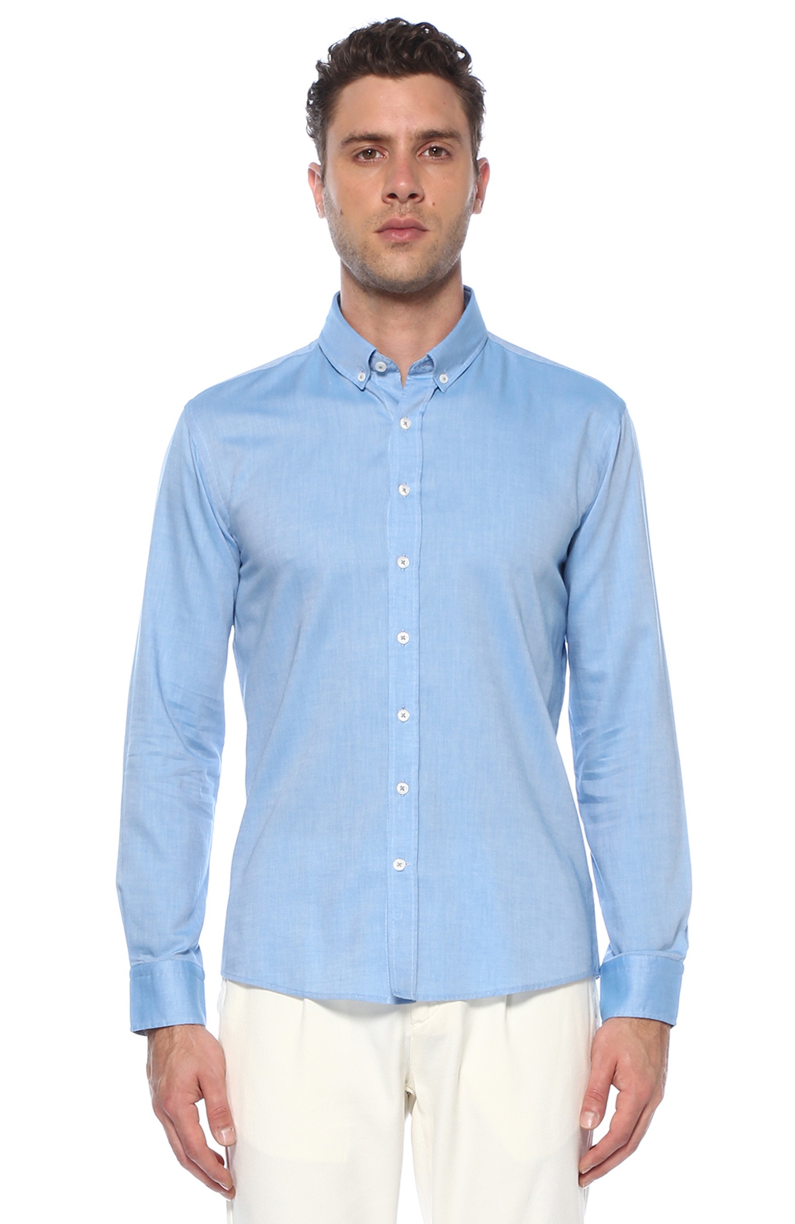 Slim Fit Turkuaz Polo Yaka Gömlek Slim Fit Turkuaz Polo Yaka Gömlek