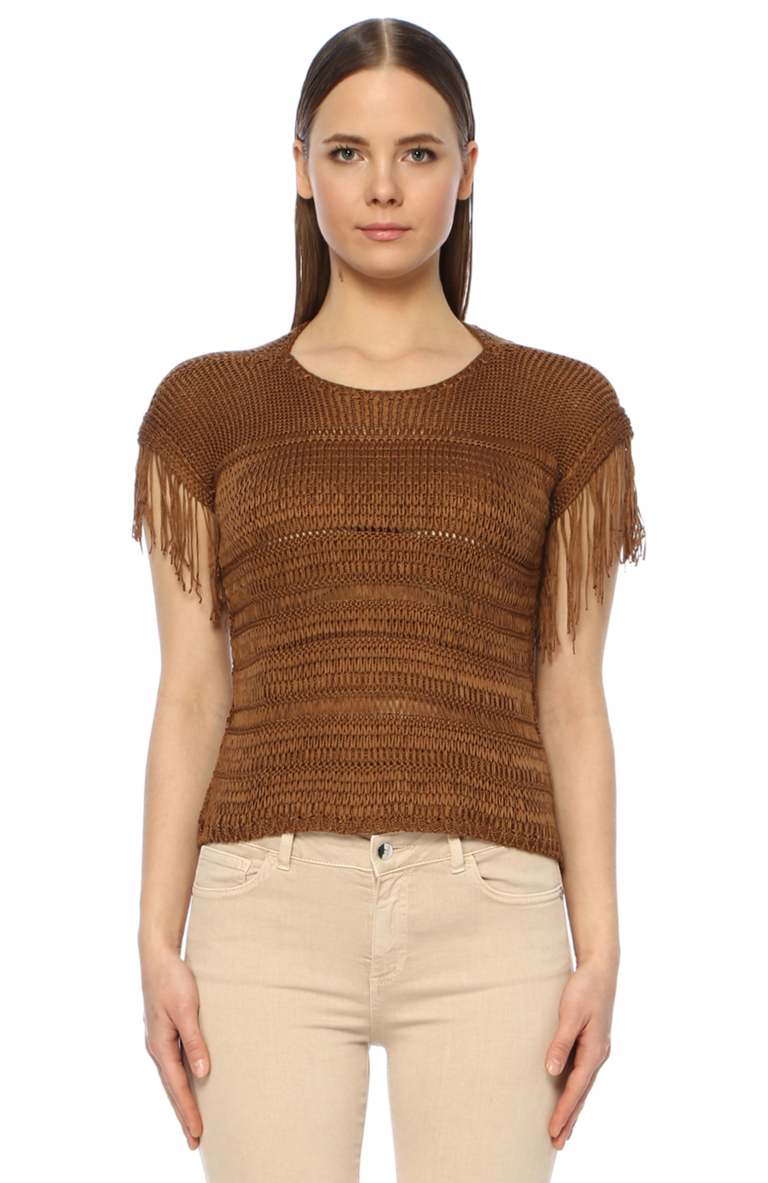 Regular Fit Kahverengi Püskül Detaylı Kazak Regular Fit Kahverengi Püskül Detaylı Kazak