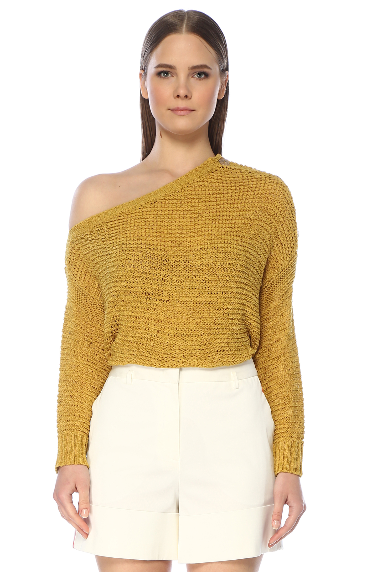 Regular Fit Sarı Düşük Omuzlu Kazak