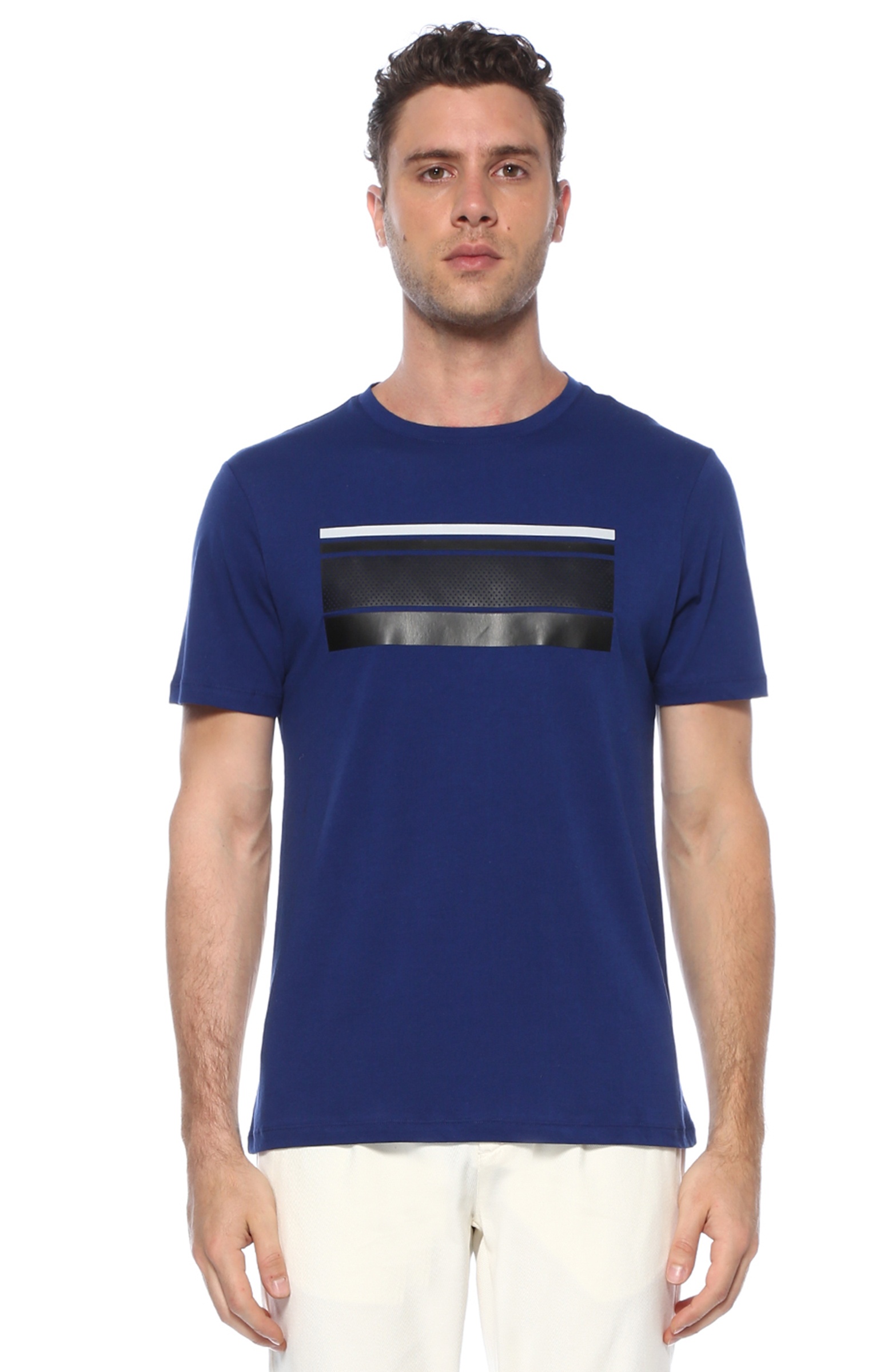 Slim Fit Mavi Şerit Desen Detaylı T-shirt Slim Fit Mavi Şerit Desen Detaylı T-shirt
