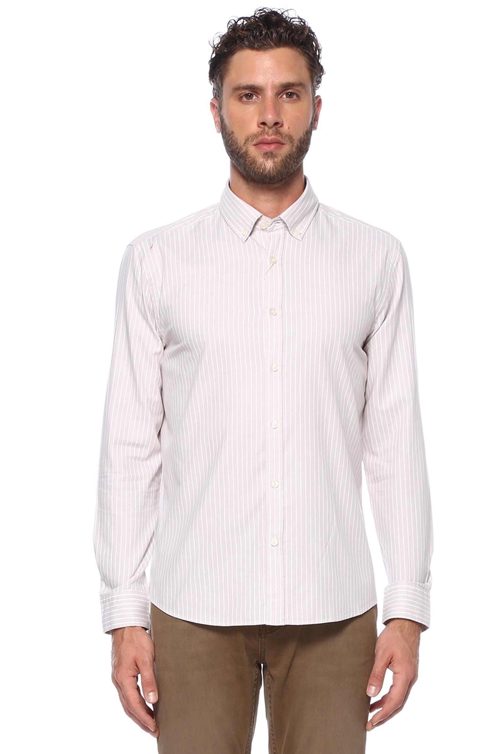 Regular Fit Bej Çizgili Polo Yaka Gömlek