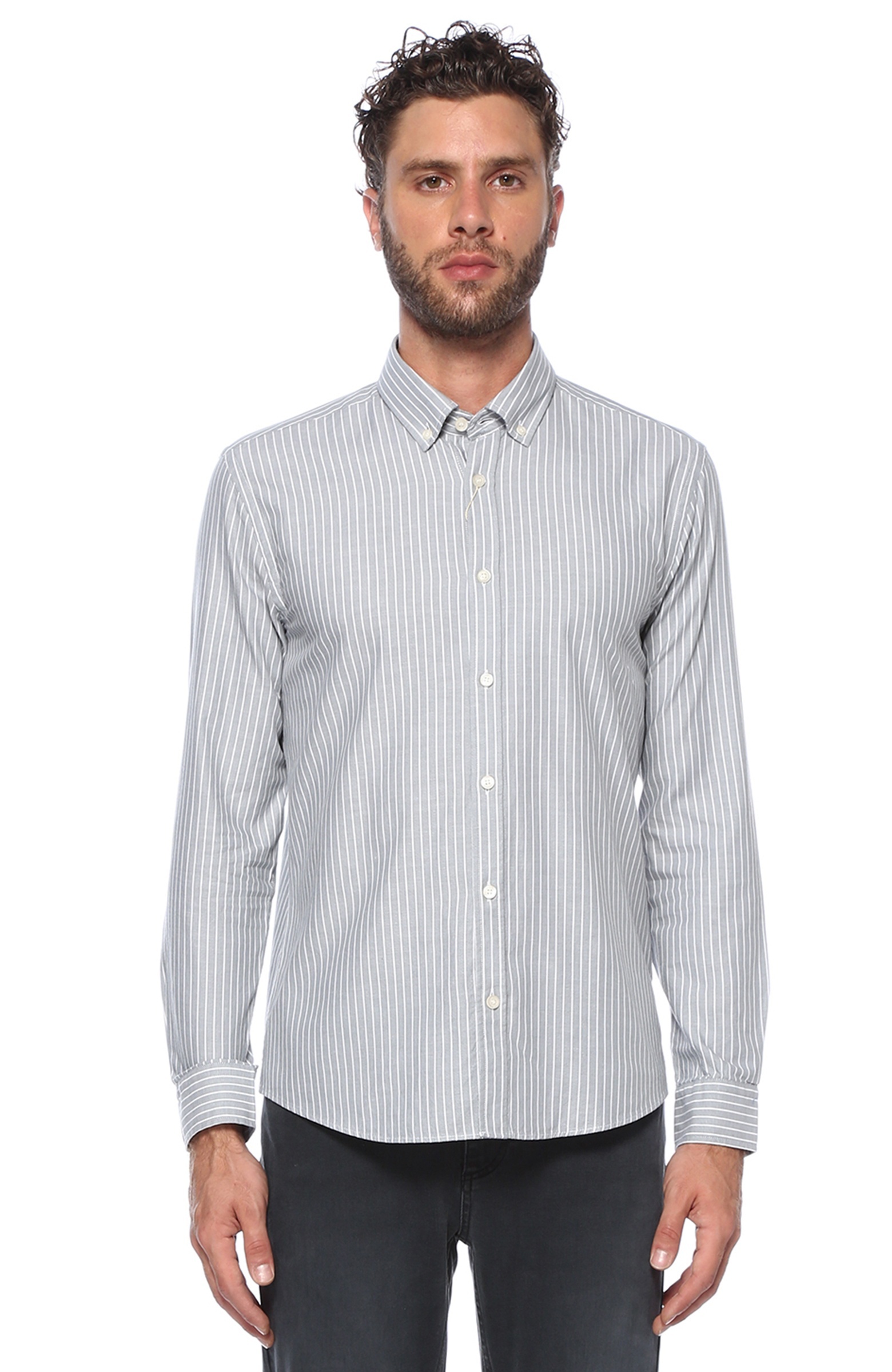 Regular Fit Gri Çizgili Polo Yaka Gömlek