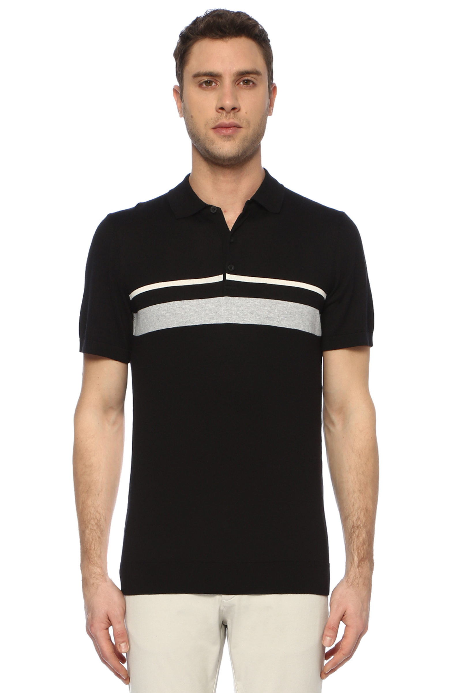 Slim Fit Siyah Çizgili Polo Yaka Kazak