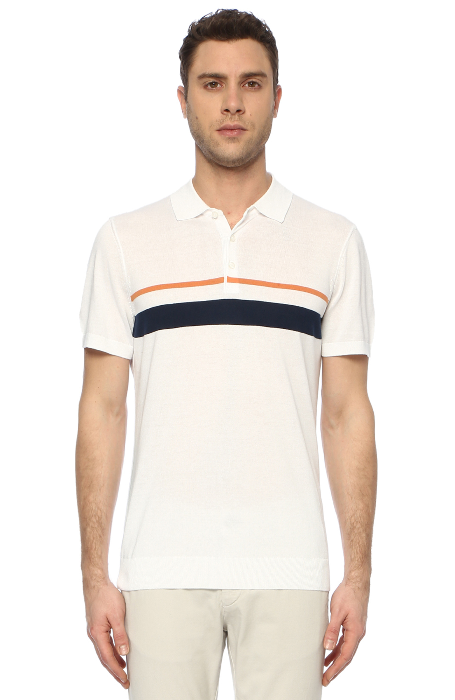 Beyaz Çizgili Polo Yaka Kazak