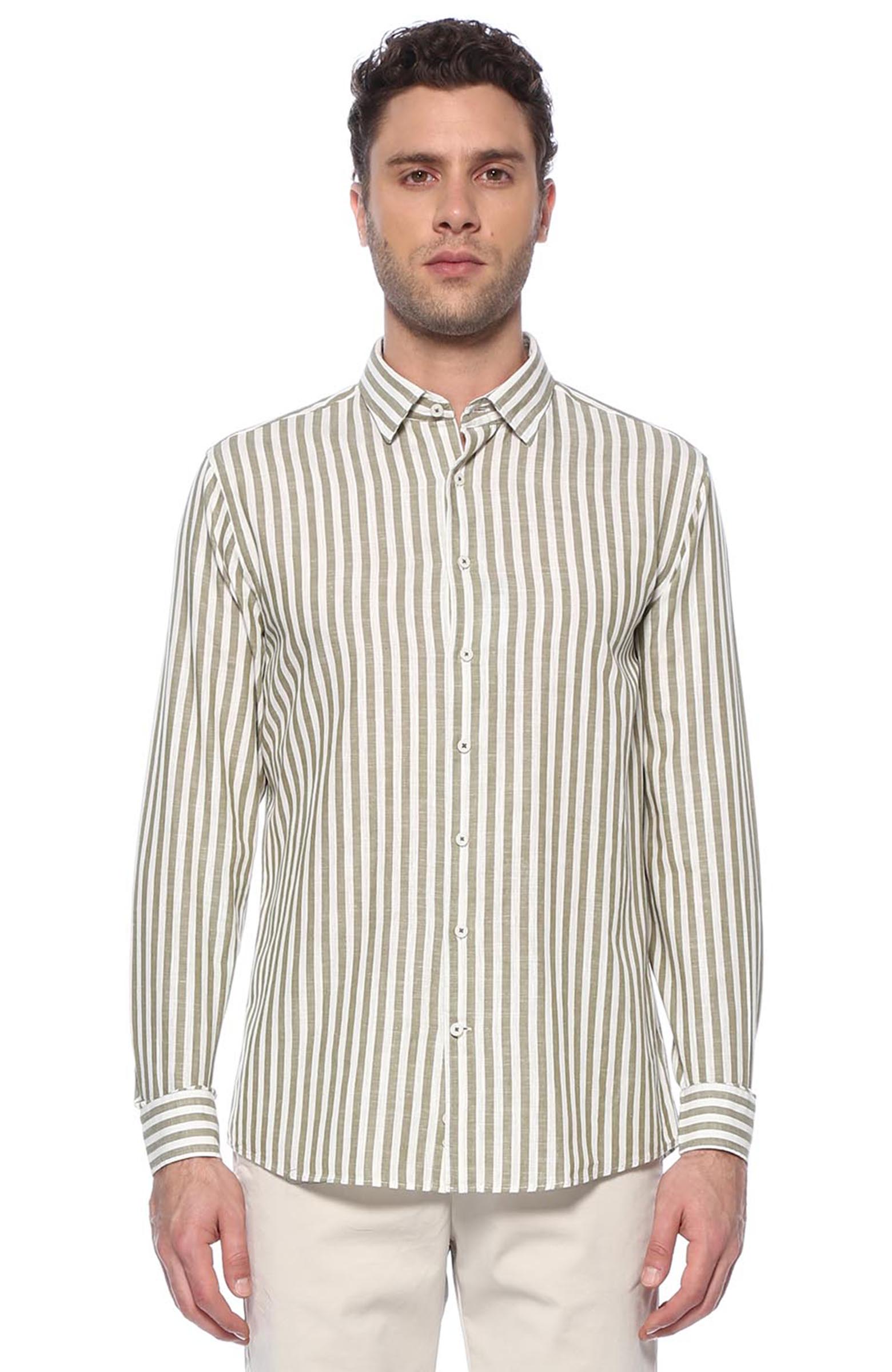 Regular Fit Yeşil Klasik Yaka Çizgi Desenli Gömlek