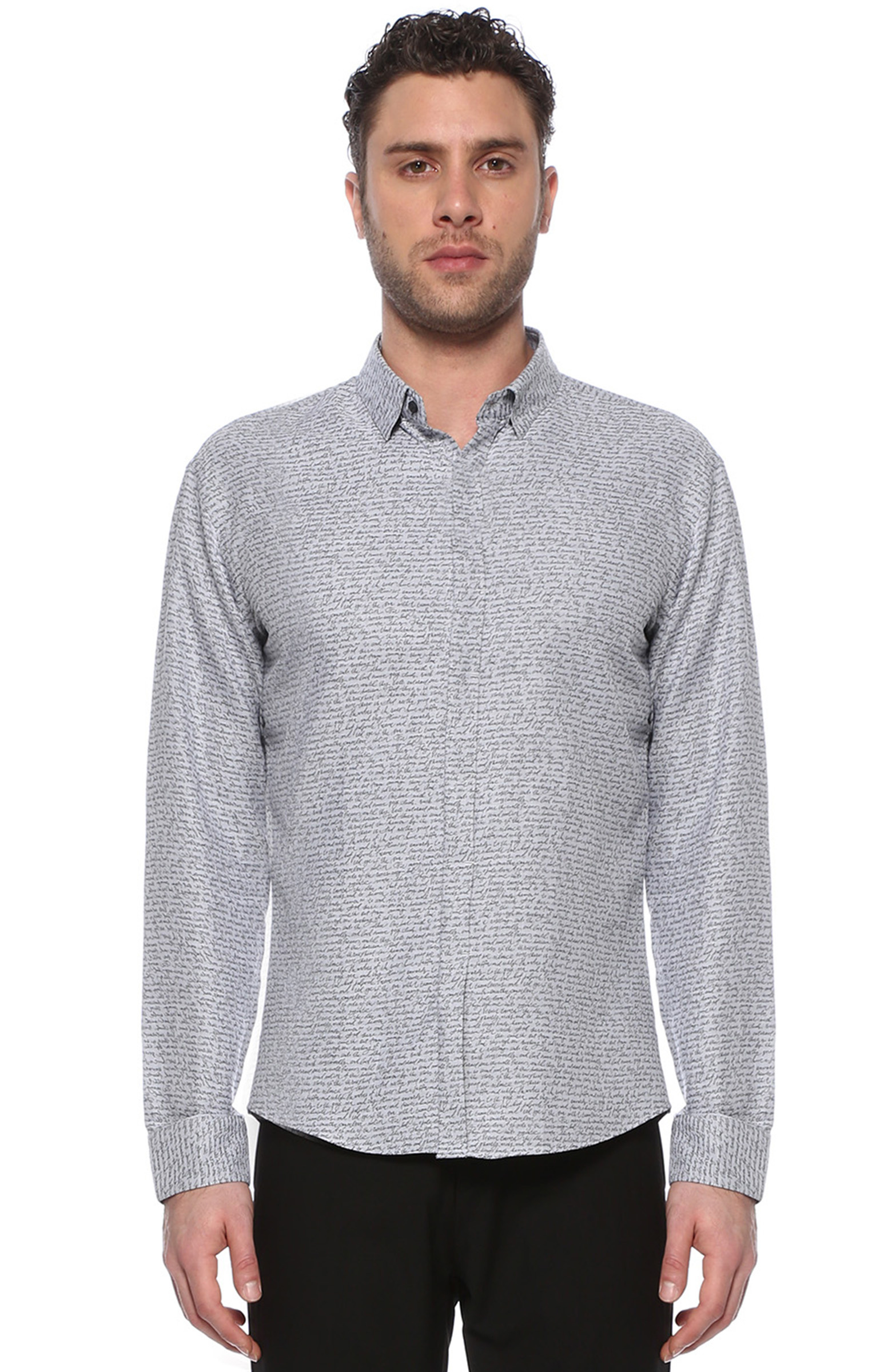 Slim Fit Gri Desenli İngiliz Yaka Gömlek