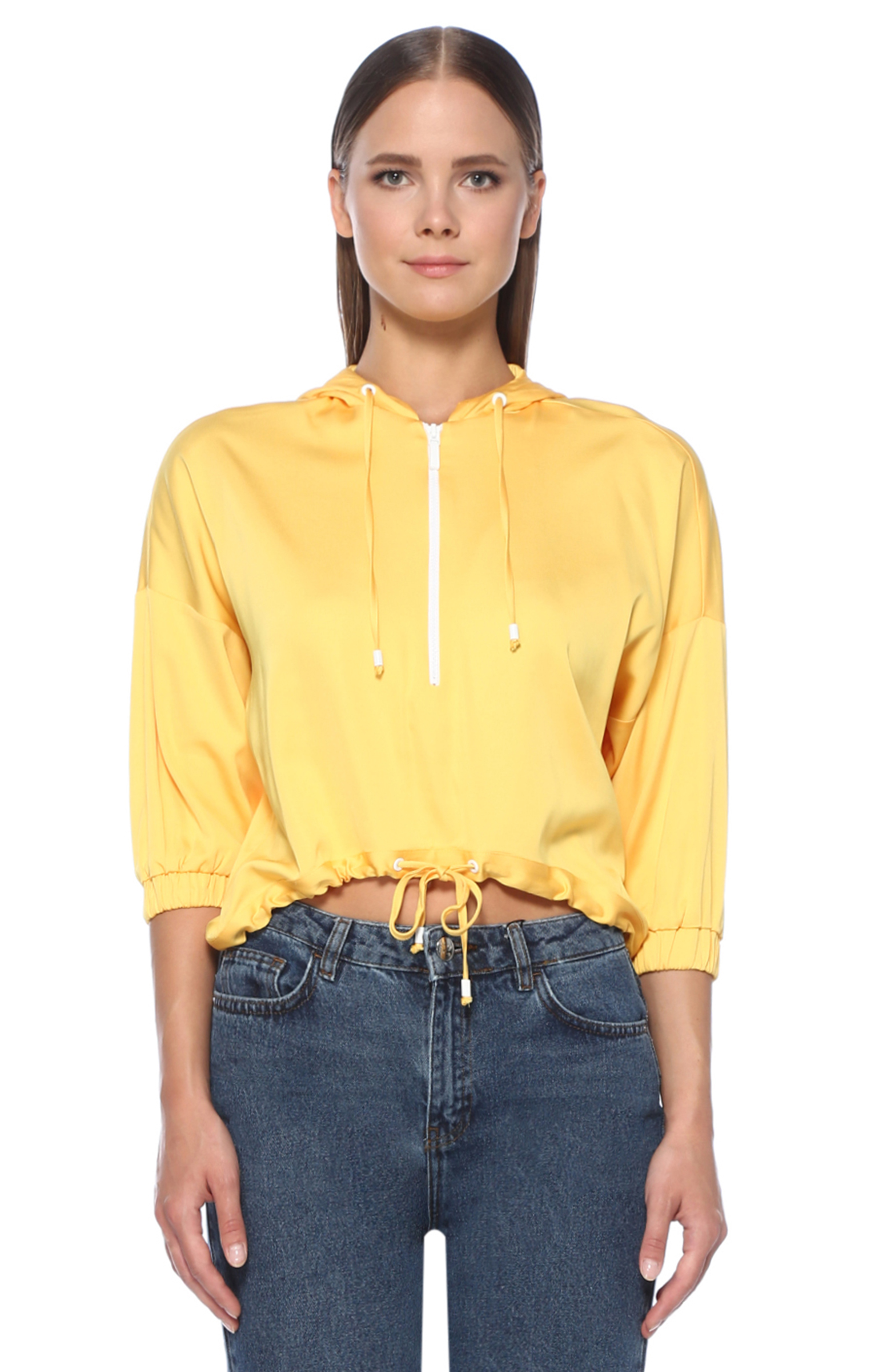 Sarı Kapüşonlu Büzgü Detaylı Sweatshirt Sarı Kapüşonlu Büzgü Detaylı Sweatshirt