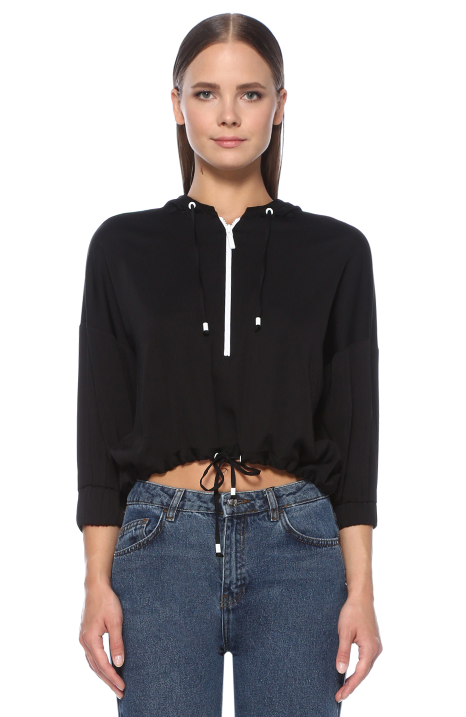 Siyah Kapüşonlu Büzgü Detaylı Sweatshirt