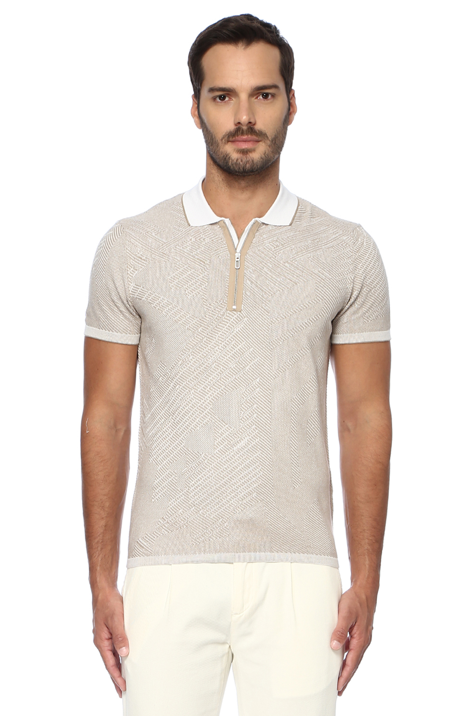 Ekru Polo Yaka Jakarlı Triko