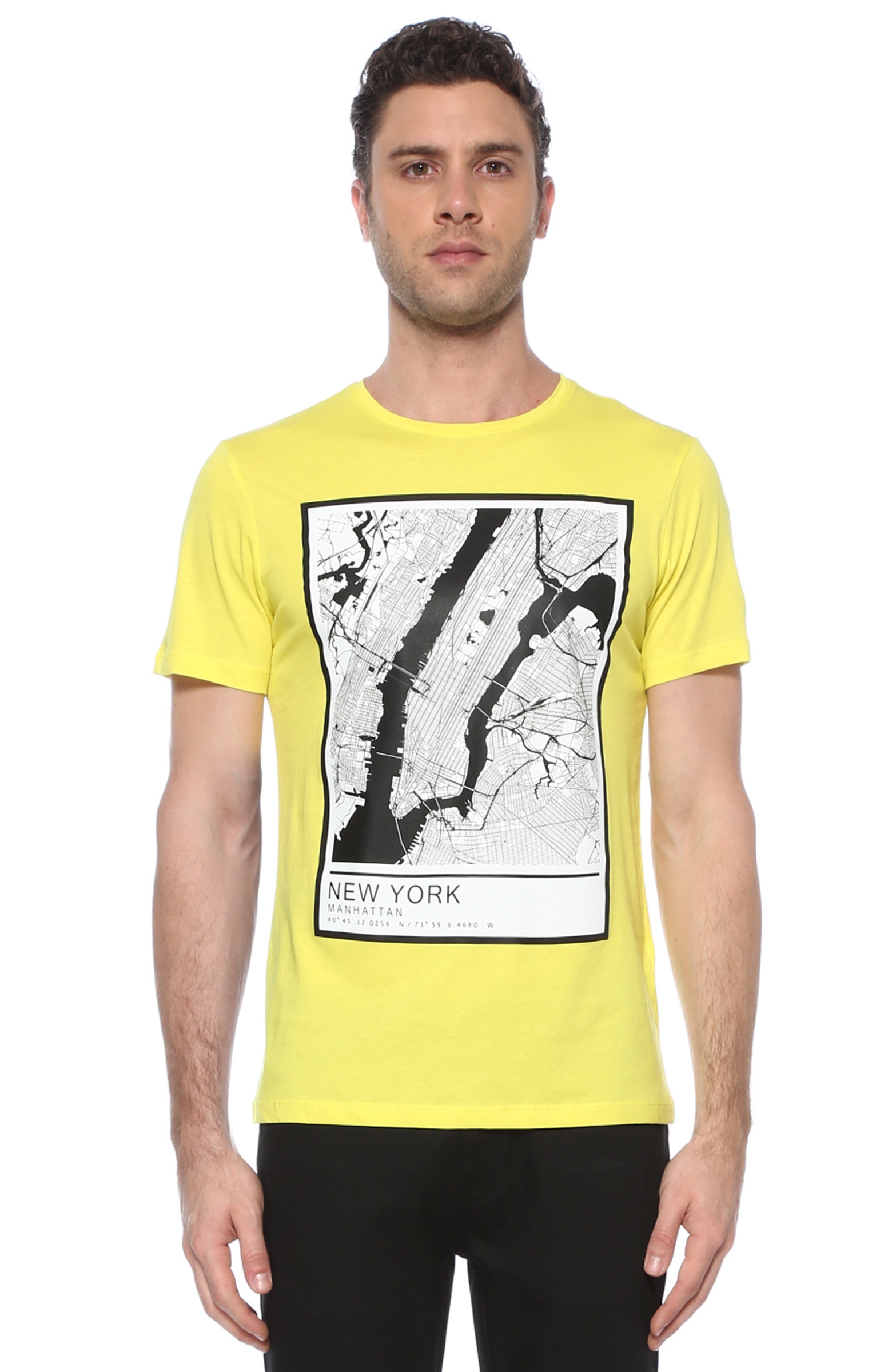 Slim Fit Sarı Baskılı T-shirt