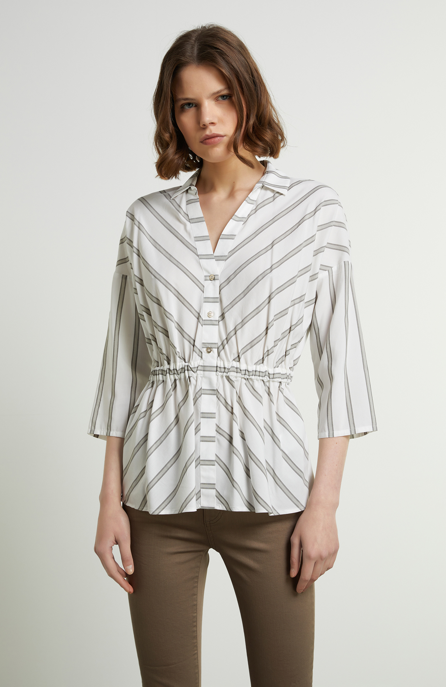 Haki Çizgili Truvakar Kol Gömlek