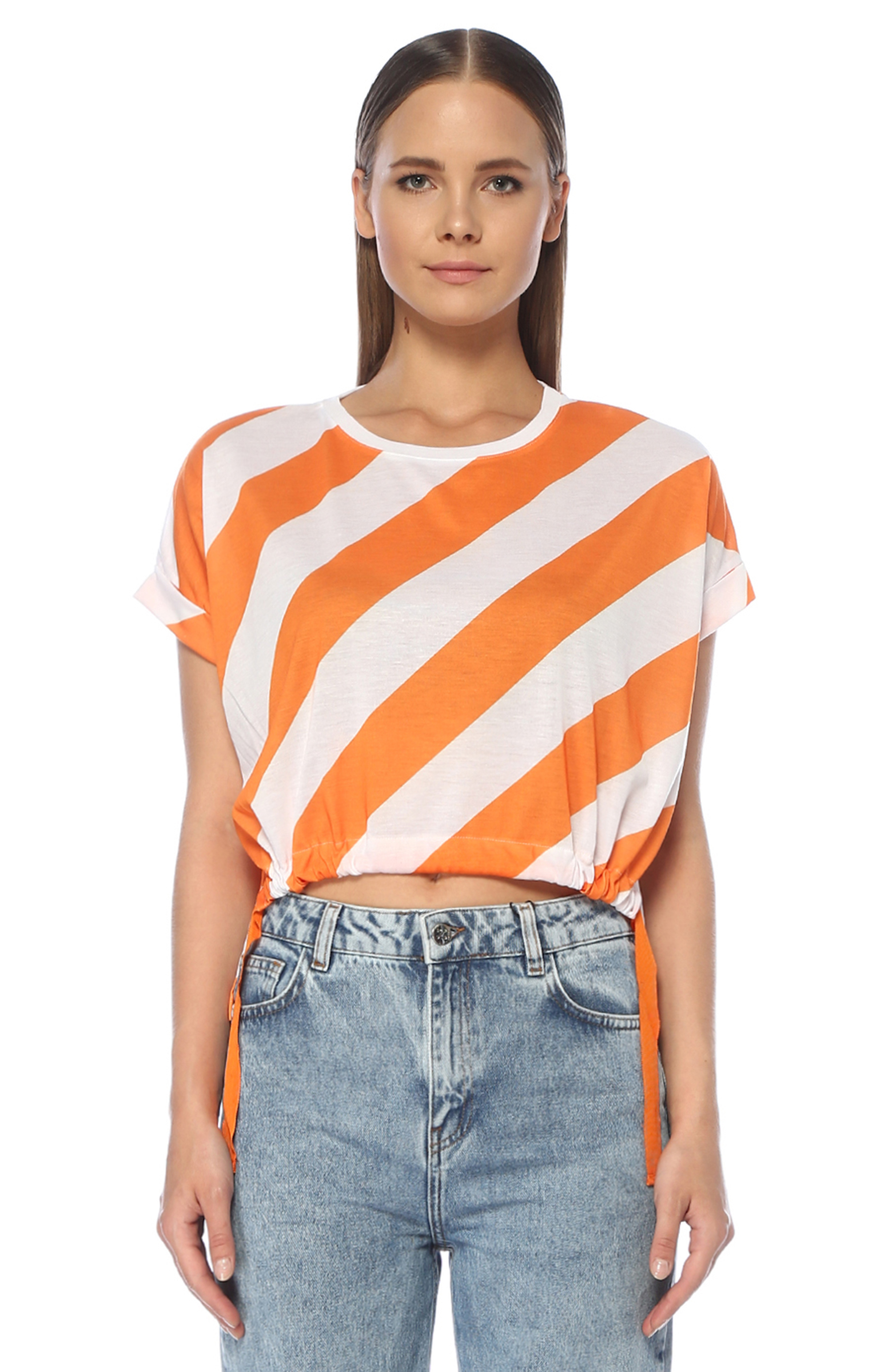Turuncu Beyaz Çizgili Büzgü Detaylı T-shirt Turuncu Beyaz Çizgili Büzgü Detaylı T-shirt
