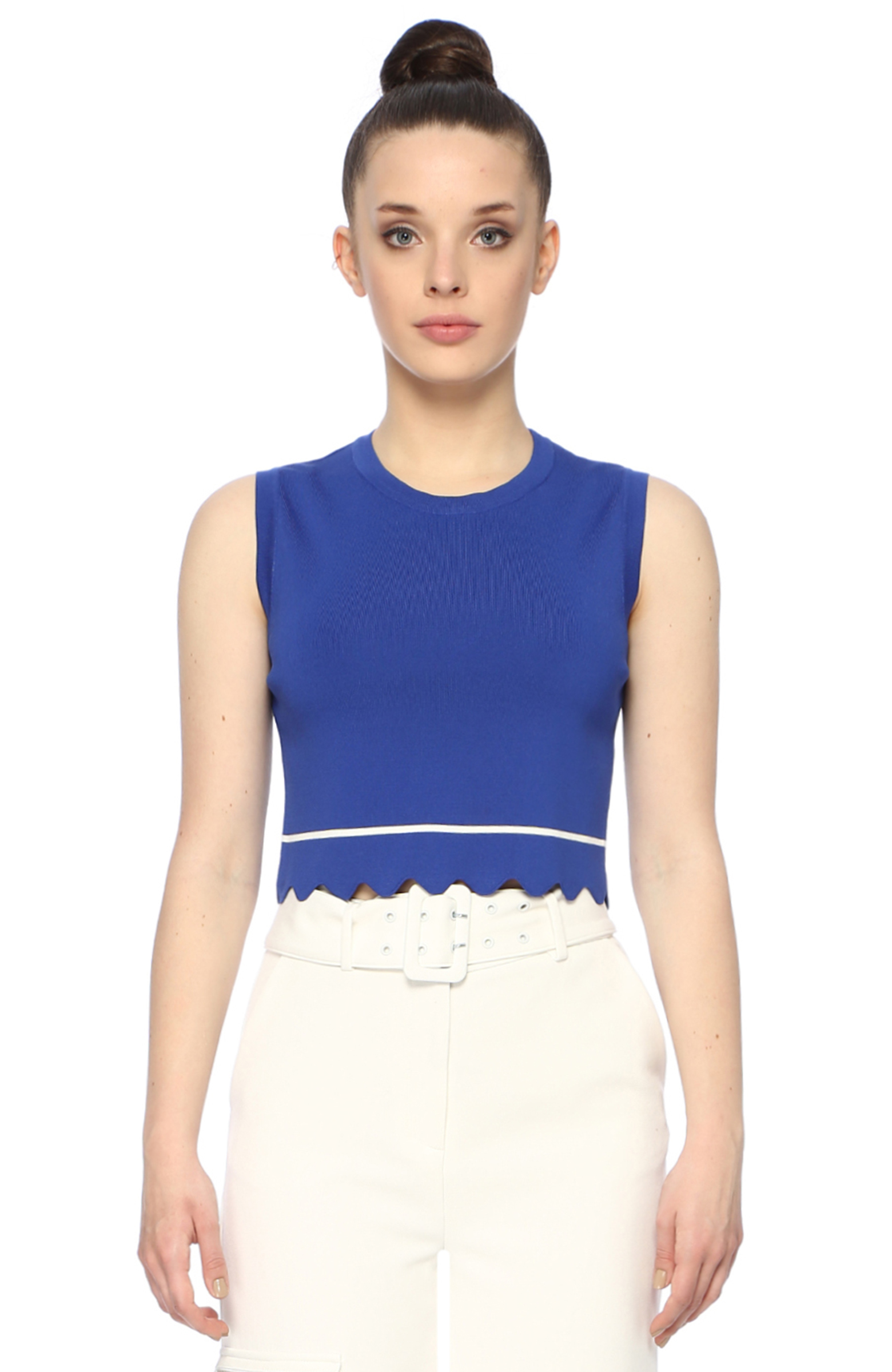 Slim Fit Mavi Etek Ucu Dalgalı Triko Slim Fit Mavi Etek Ucu Dalgalı Triko