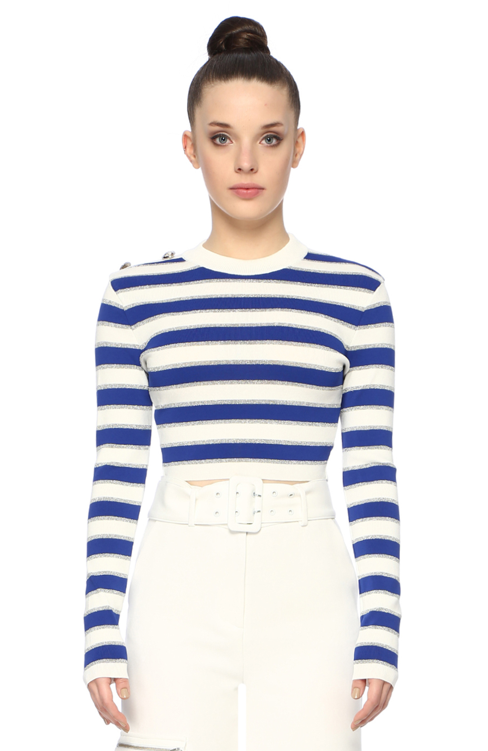 Saks Beyaz Bisiklet Yaka Çizgili Kazak