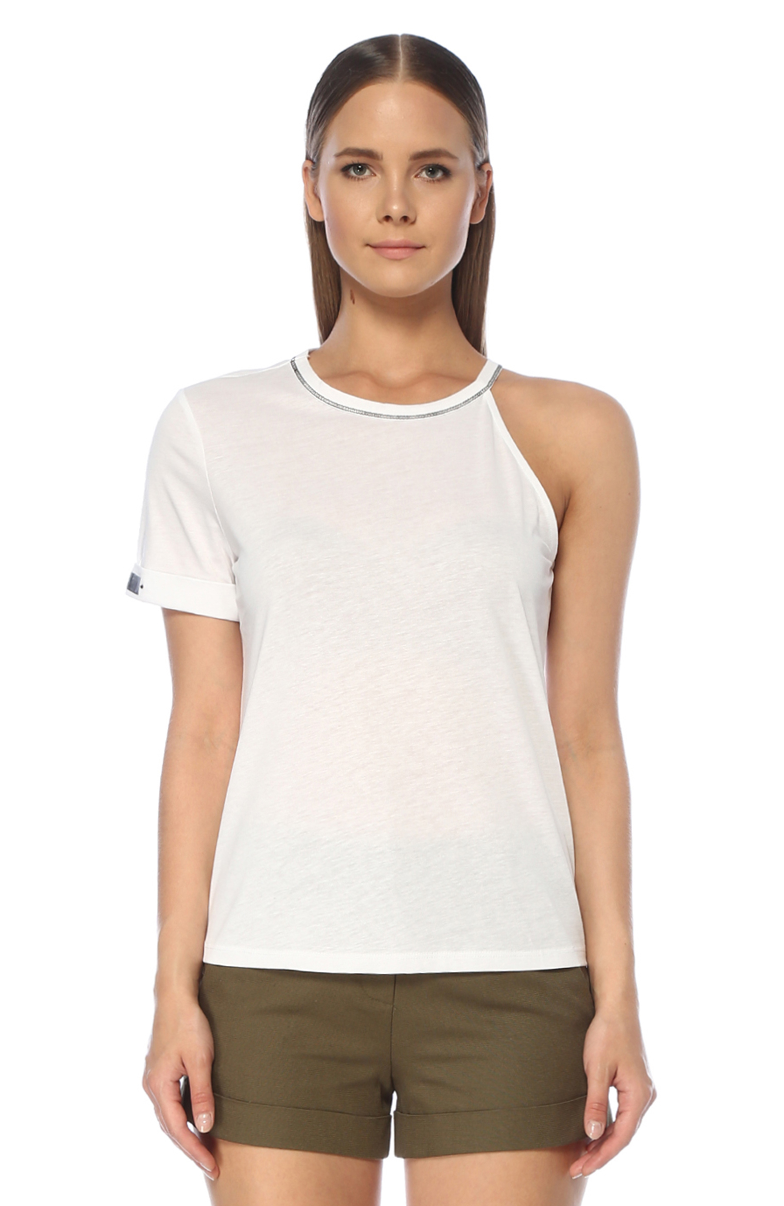 Slim Fit Beyaz Tek Omzu Açık T-shirt Slim Fit Beyaz Tek Omzu Açık T-shirt