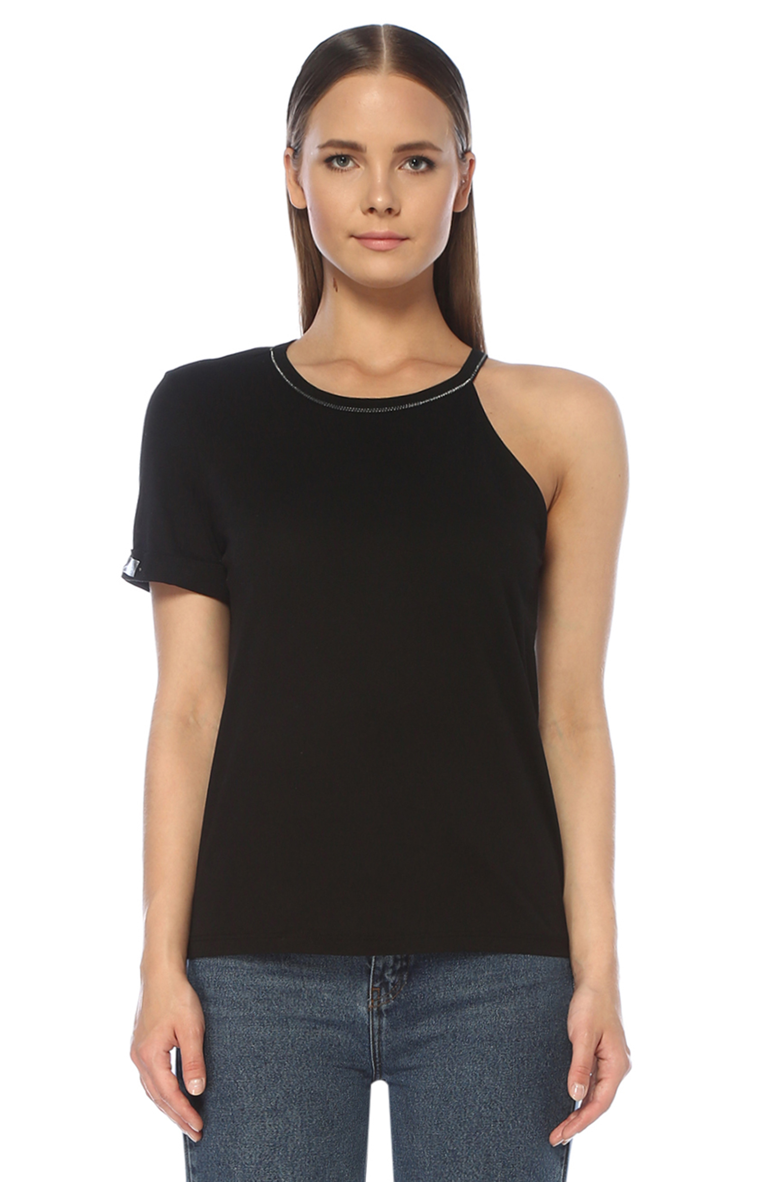 Slim Fit Siyah Tek Omzu Açık T-shirt Slim Fit Siyah Tek Omzu Açık T-shirt