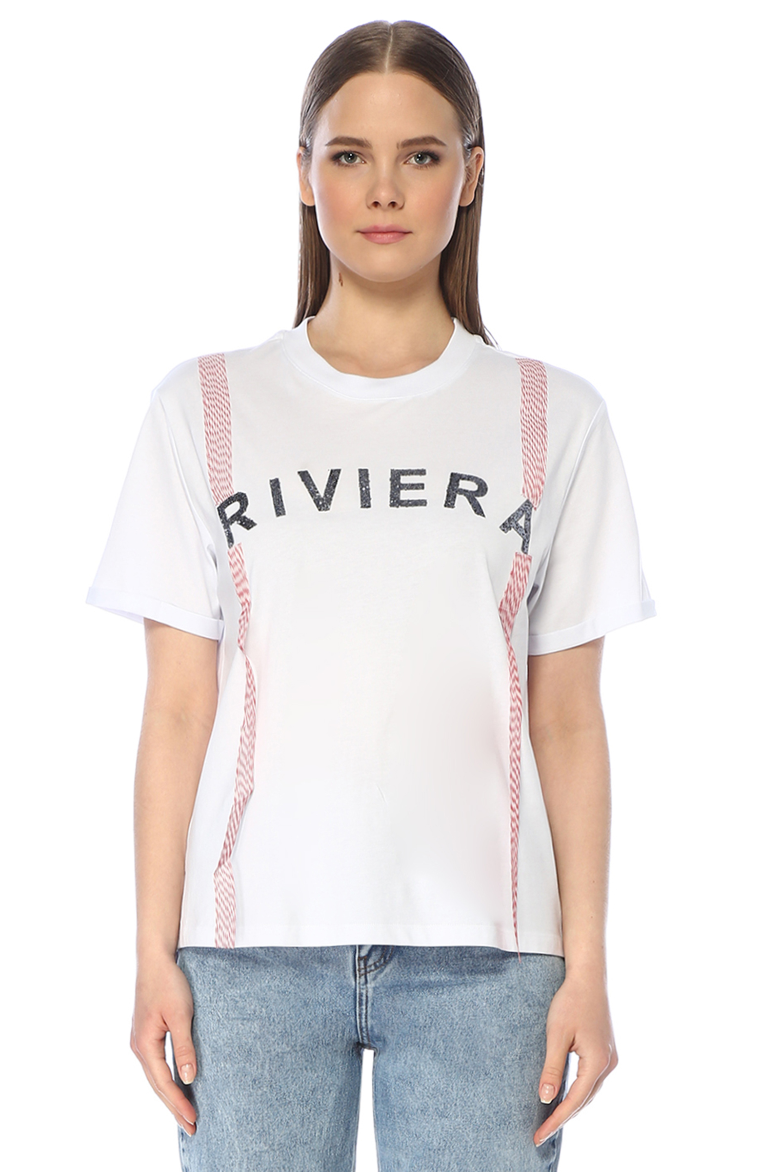 Slim Fit Beyaz İşlemeli Yazı Detaylı T-shirt Slim Fit Beyaz İşlemeli Yazı Detaylı T-shirt