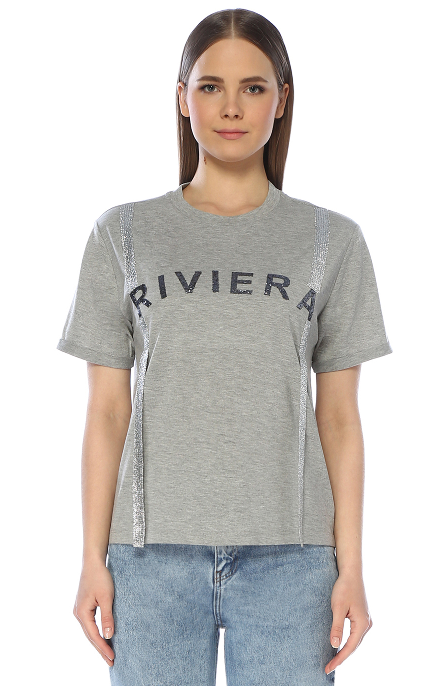 Slim Fit Gri Yazı Baskılı T-shirt