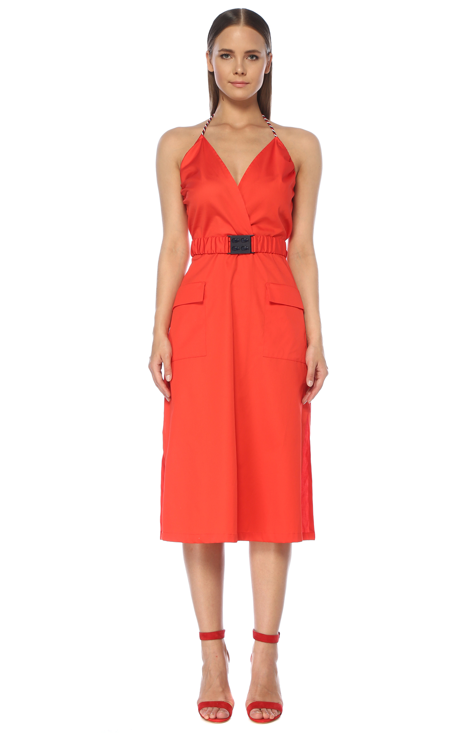 Kırmızı Boyundan Bağlamalı Midi Elbise