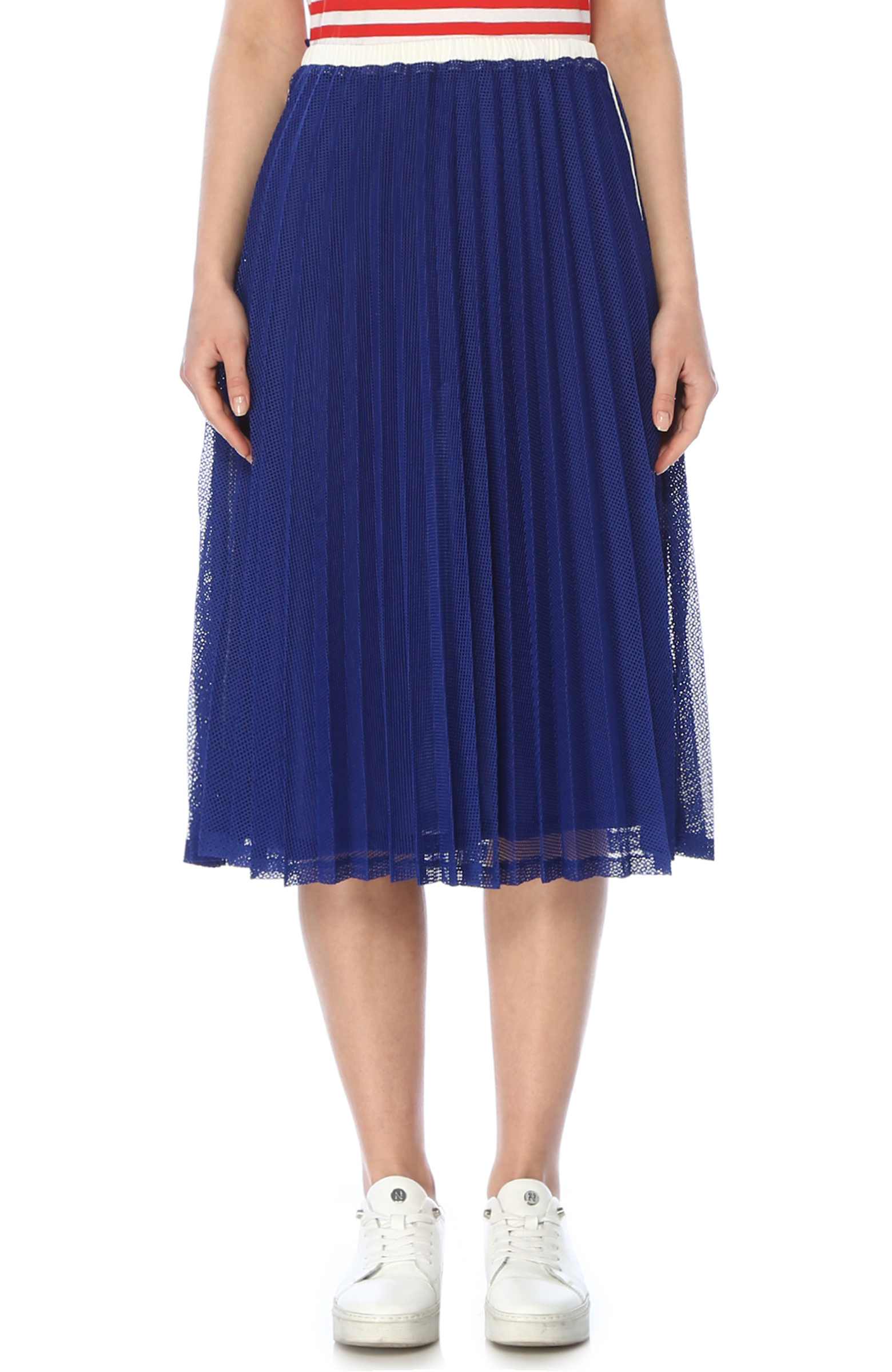 Lacivert Pilili Midi Etek