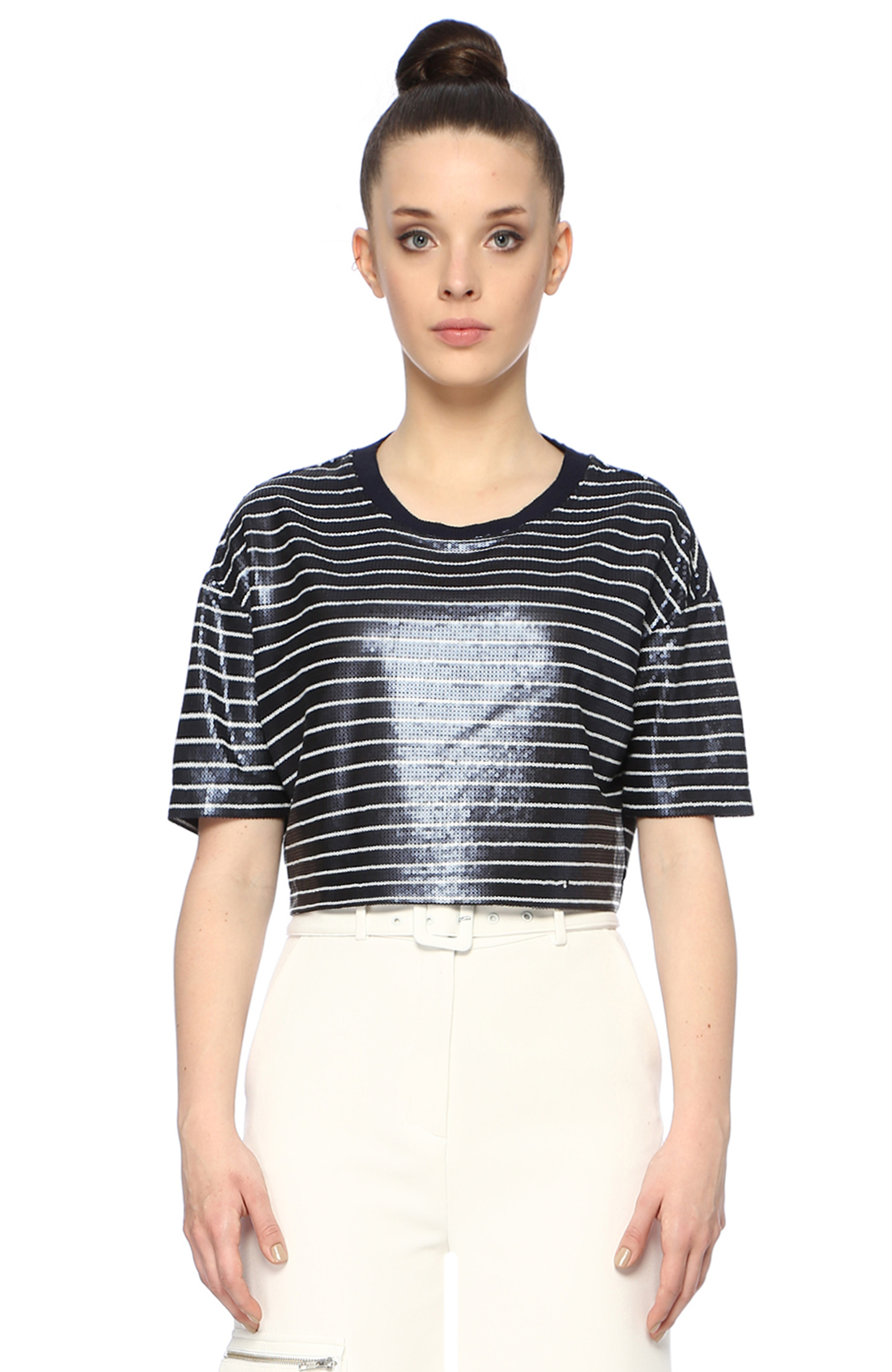 Slim Fit Lacivert Beyaz Çizgili Payetli Bluz