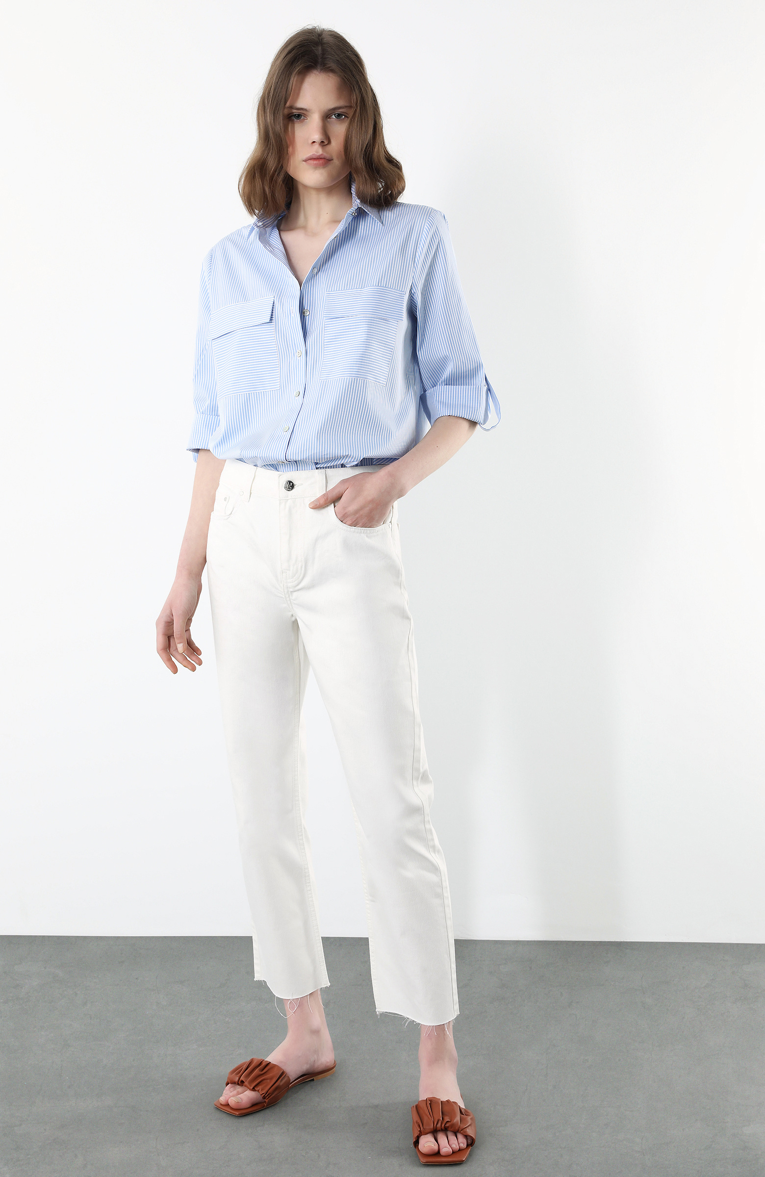 Beyaz Yüksek Bel Jean Pantolon