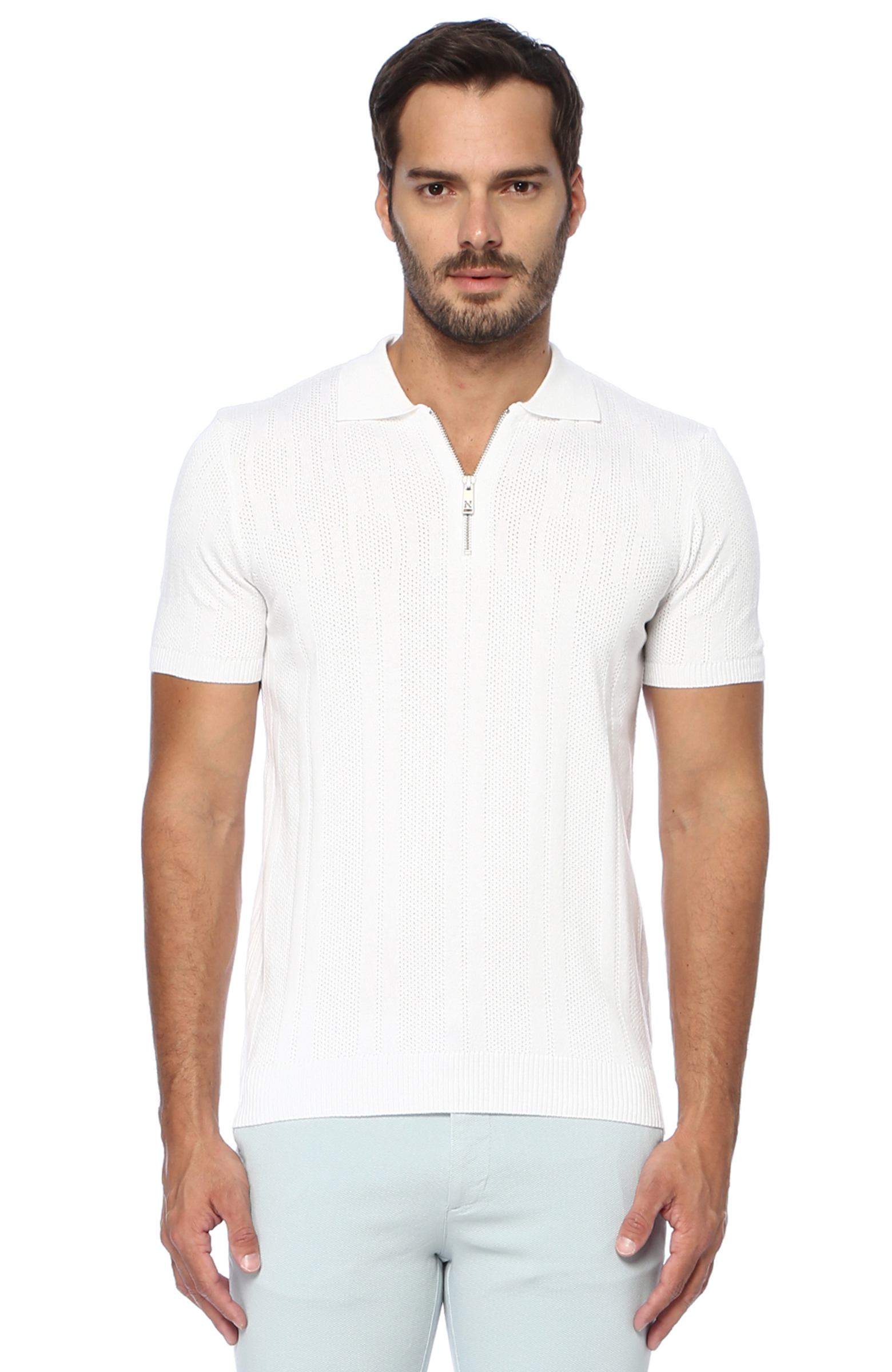 Beyaz Jakarlı Polo Yaka Triko Beyaz Jakarlı Polo Yaka Triko