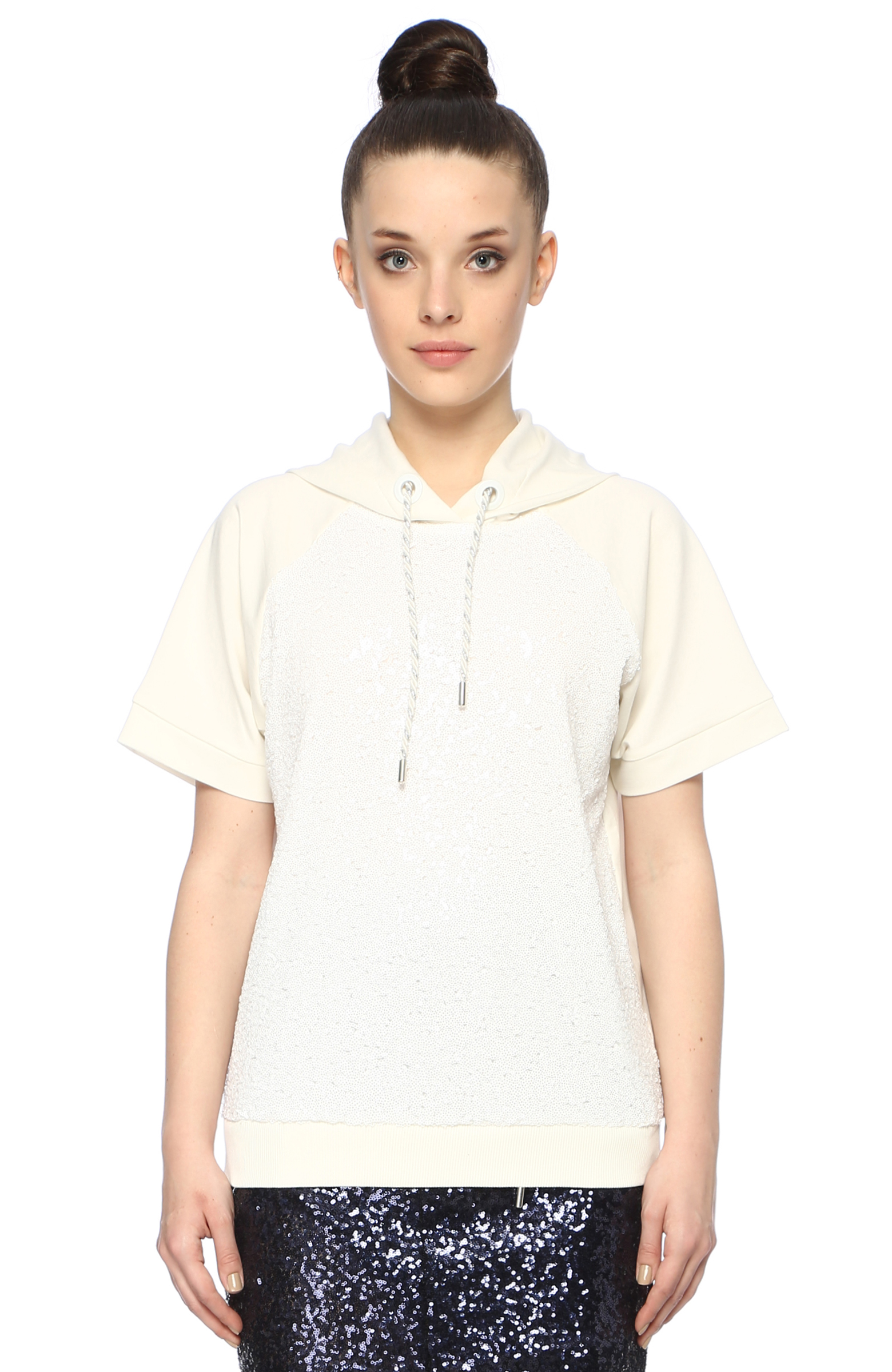 Beyaz Kapüşonlu Payetli Sweatshirt Beyaz Kapüşonlu Payetli Sweatshirt