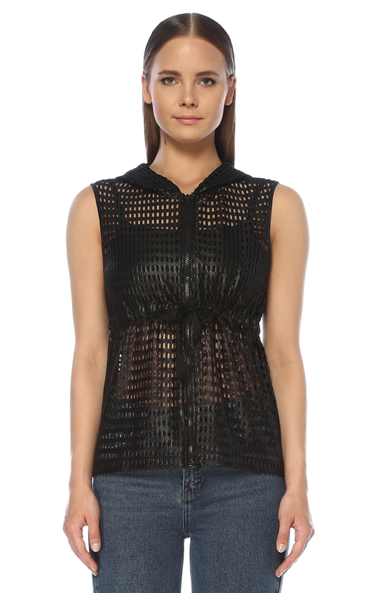 Siyah Kapüşonlu Örgü Dokulu Yelek Siyah Kapüşonlu Örgü Dokulu Yelek