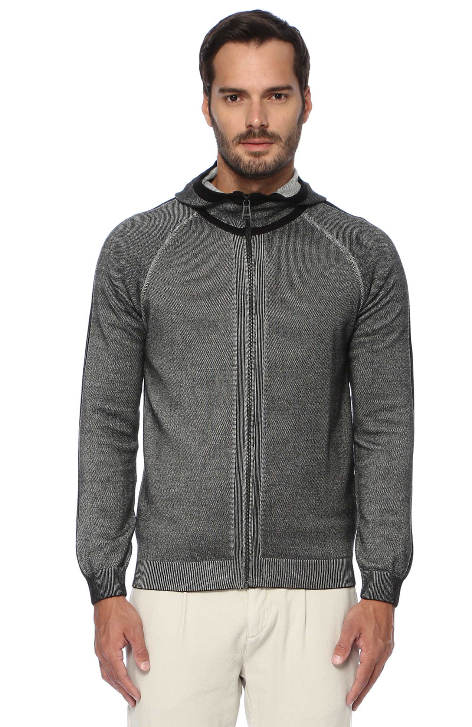 Slim Fit Gri Kapüşonlu Hırka