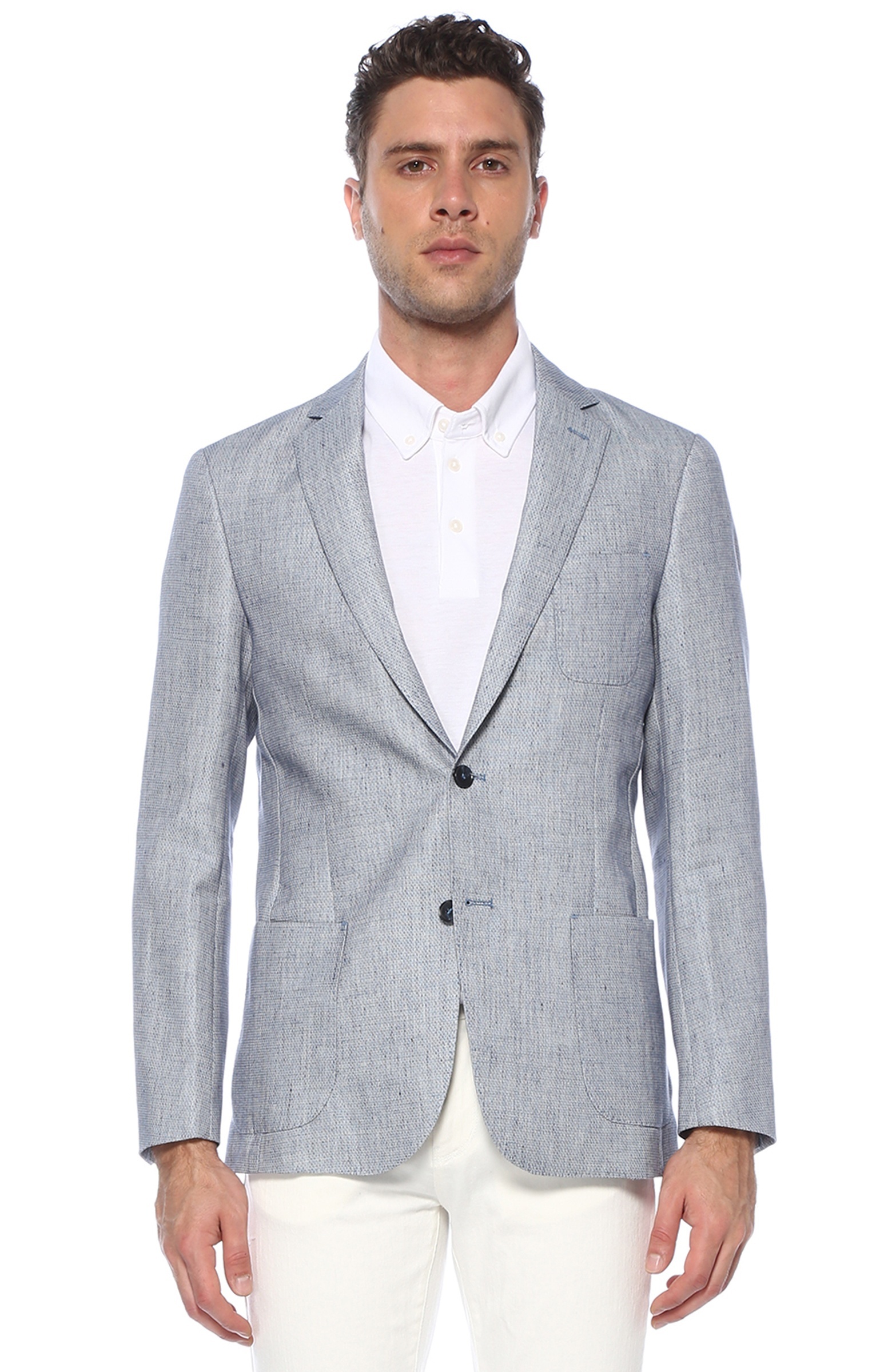 Slim Fit Mavi Mikro Desenli Ceket