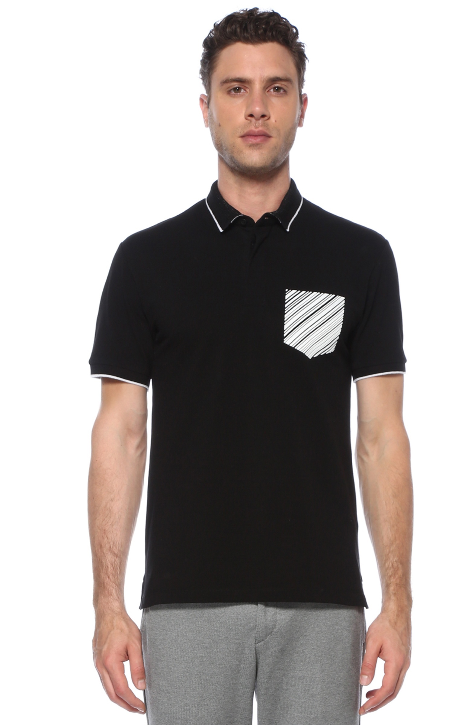 Slim Fit Siyah Polo Yaka Baskılı T-shirt