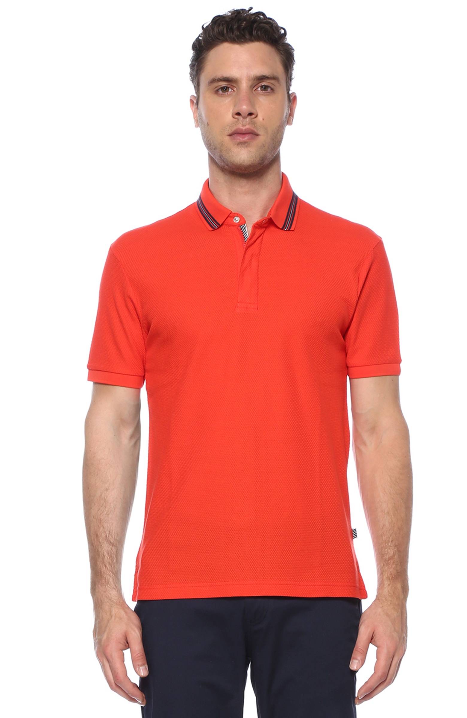 Slim Fit Turuncu Polo Yaka Jakarlı T-shirt Slim Fit Turuncu Polo Yaka Jakarlı T-shirt