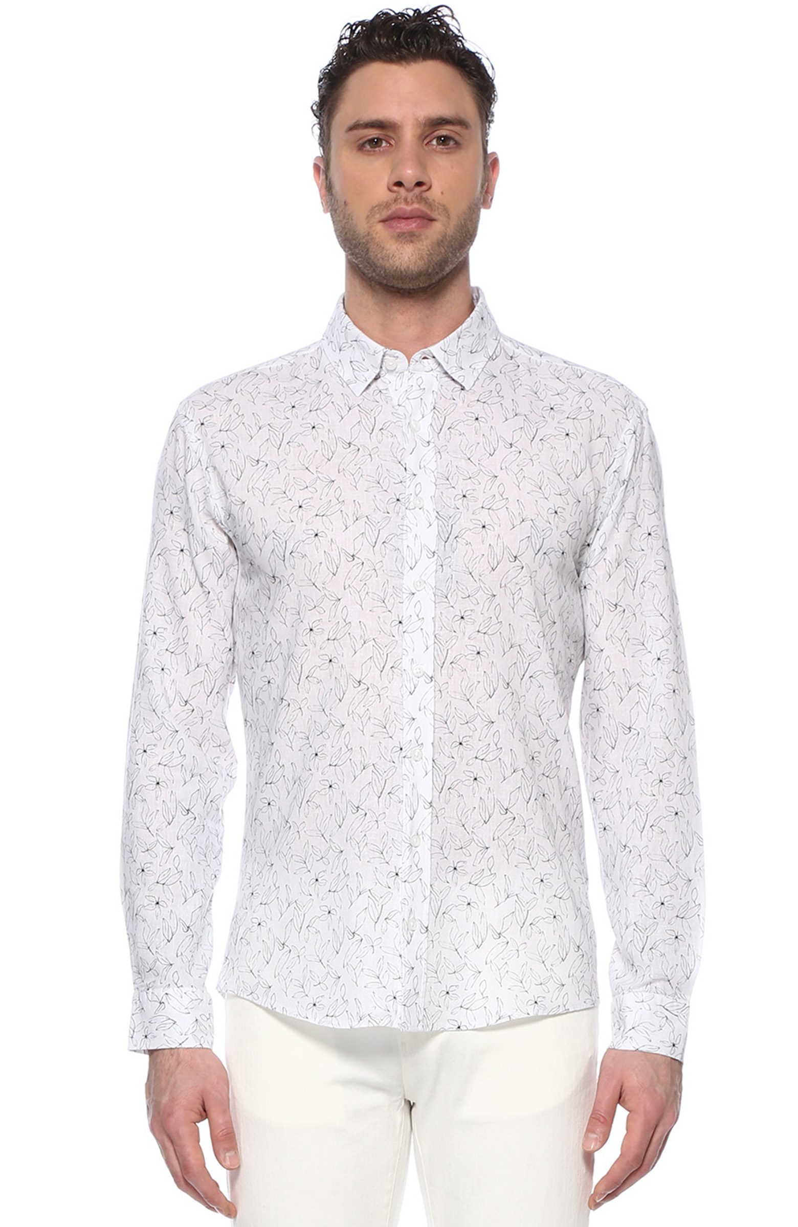 Slim Fit Beyaz Desenli İngiliz Yaka Keten Gömlek Slim Fit Beyaz Desenli İngiliz Yaka Keten Gömlek