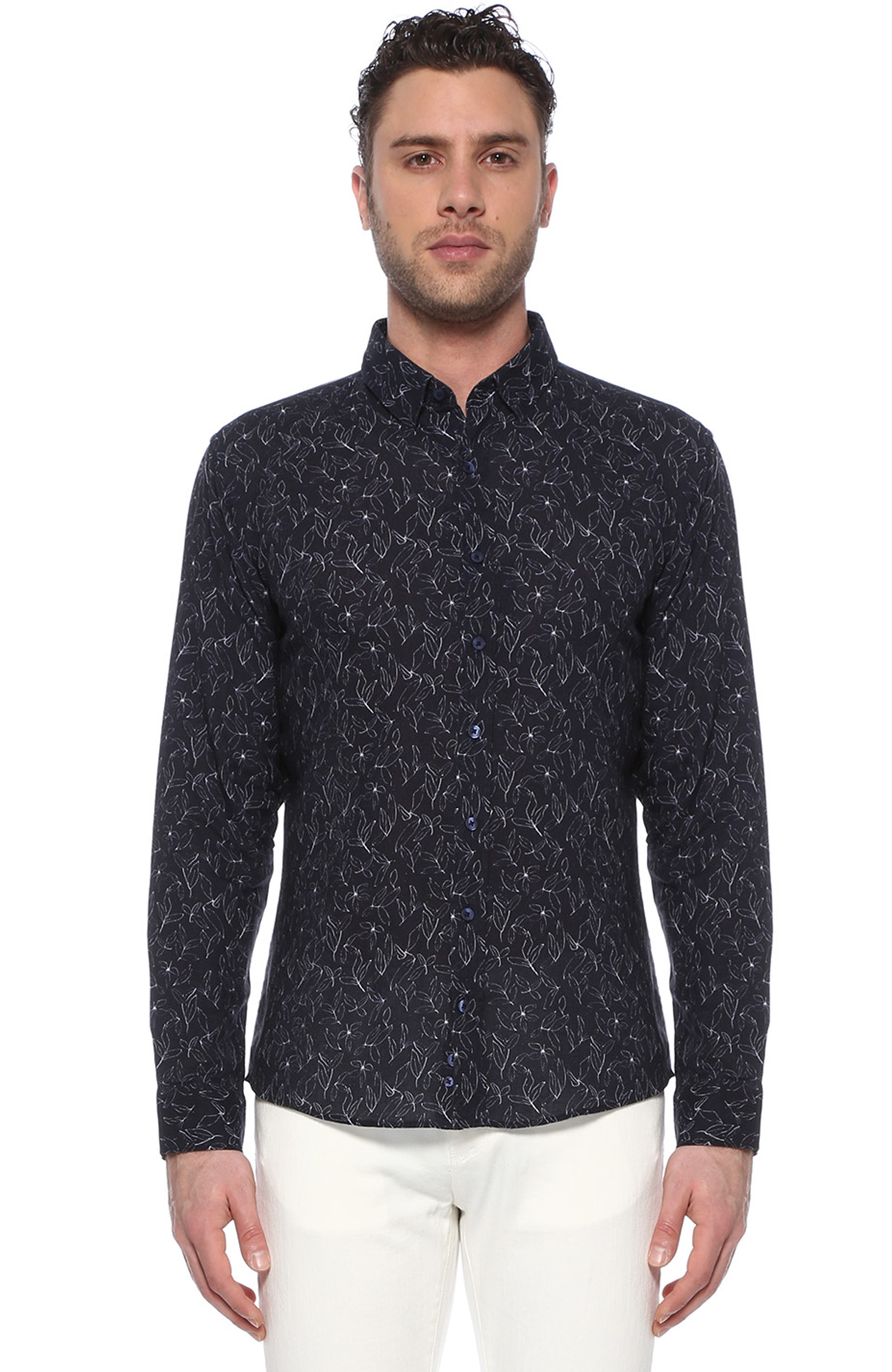 Slim Fit Lacivert Desenli Keten Gömlek Slim Fit Lacivert Desenli Keten Gömlek