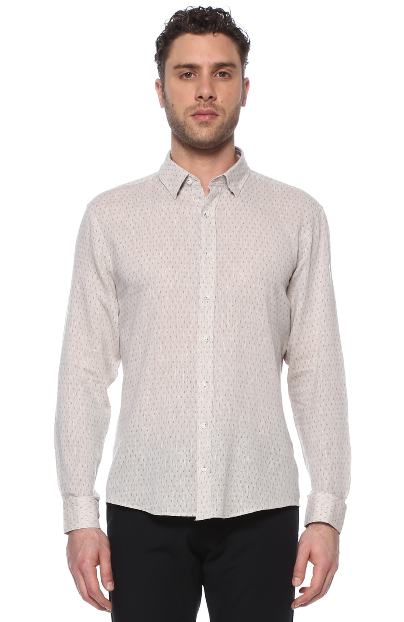 Slim Fit Bej Mikro Desenli Keten Gömlek Slim Fit Bej Mikro Desenli Keten Gömlek