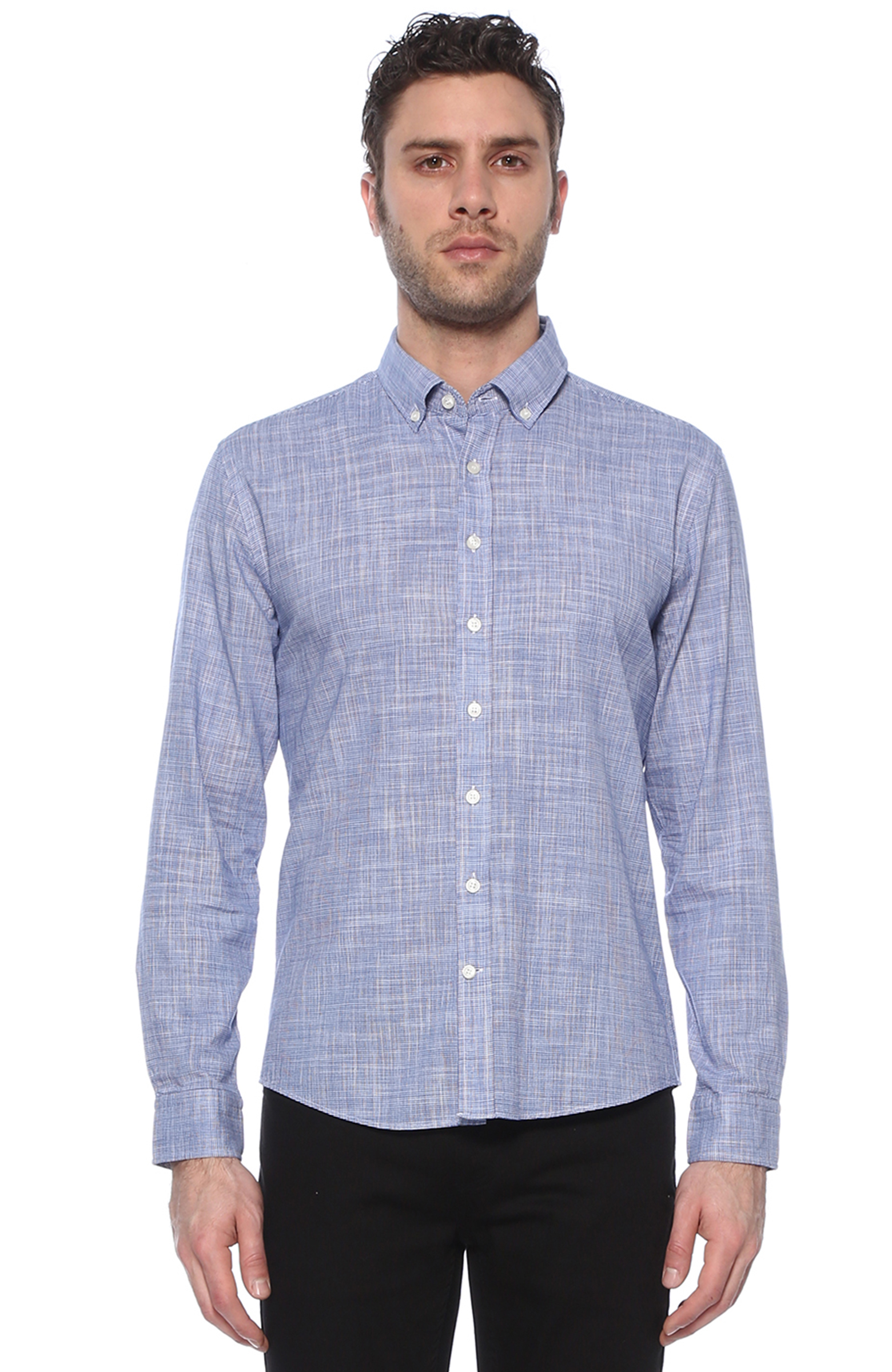 Slim Fit Mavi Polo Yaka Mikro Desenli Gömlek Slim Fit Mavi Polo Yaka Mikro Desenli Gömlek