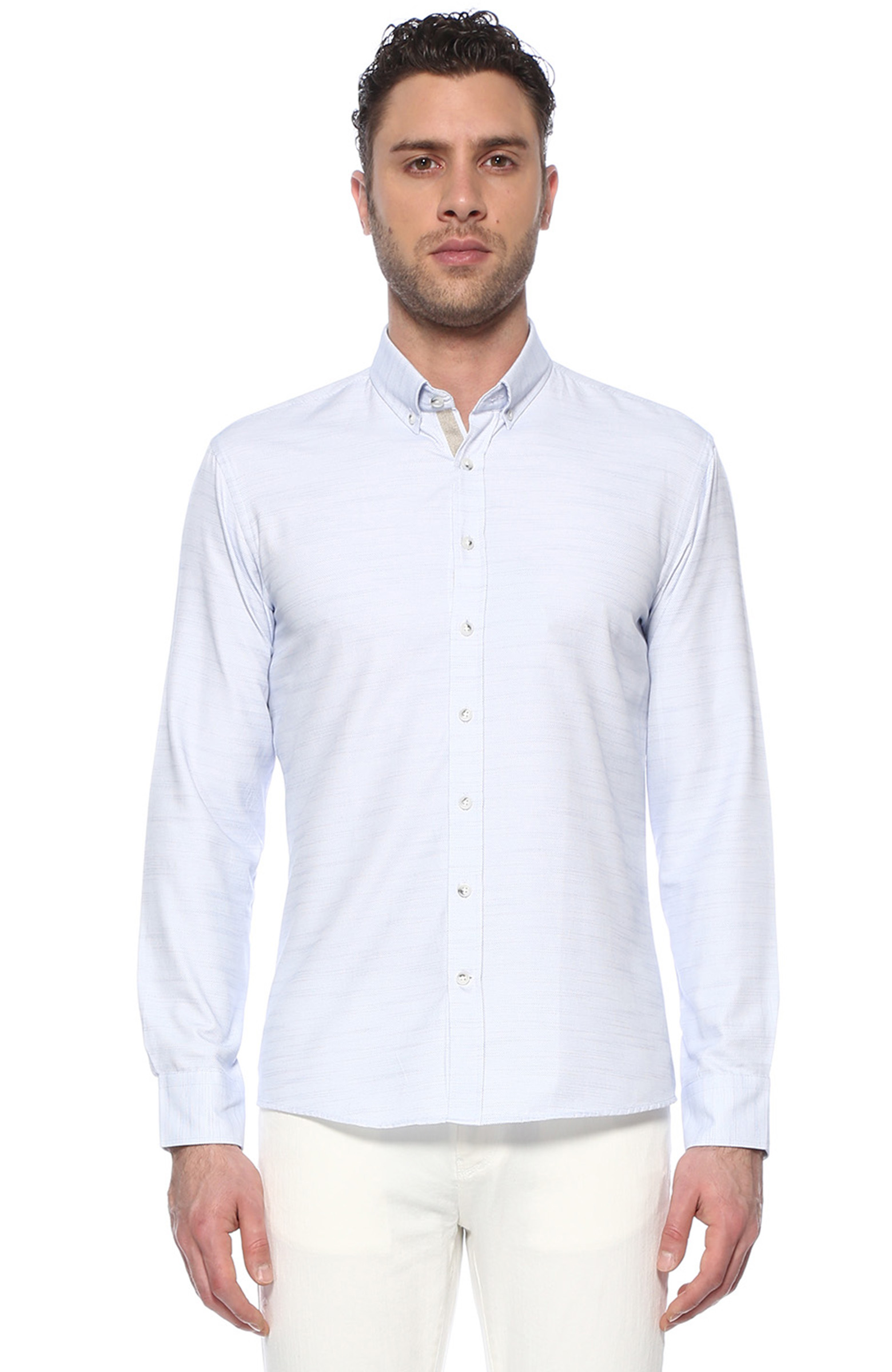 Slim Fit Mavi Düğmeli Yaka Gömlek Slim Fit Mavi Düğmeli Yaka Gömlek