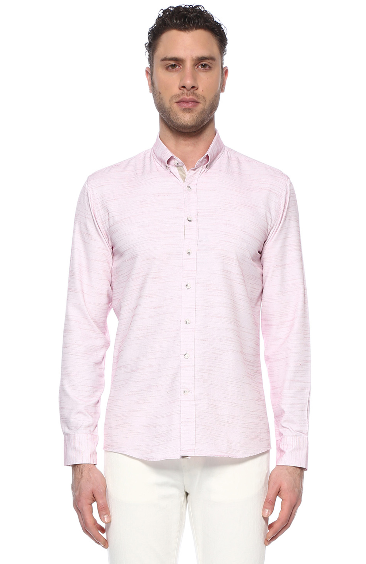 Slim Fit Beyaz Kırmızı Çizgi Desenli Gömlek