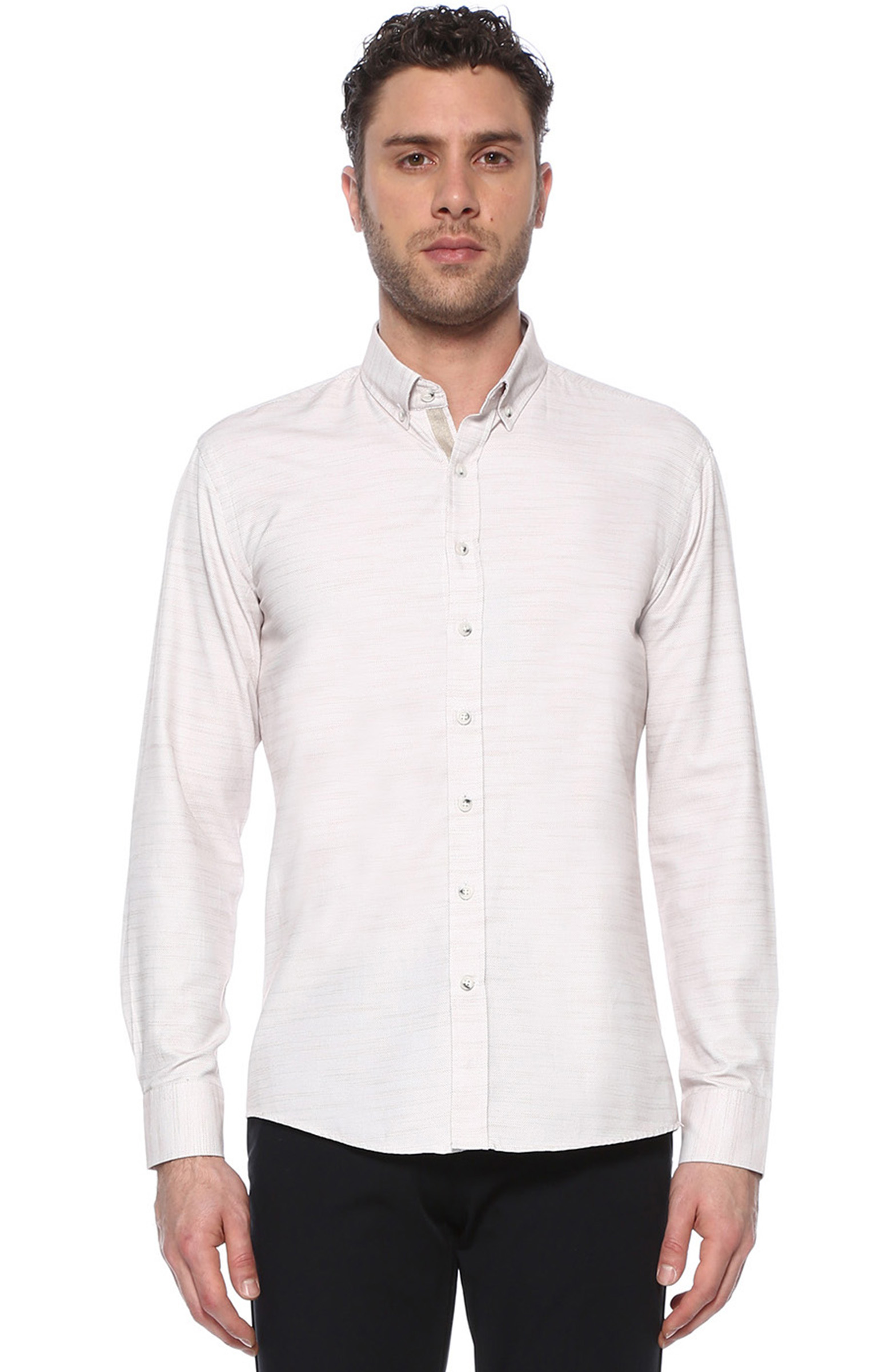 Slim Fit Bej Çizgi Desenli Gömlek