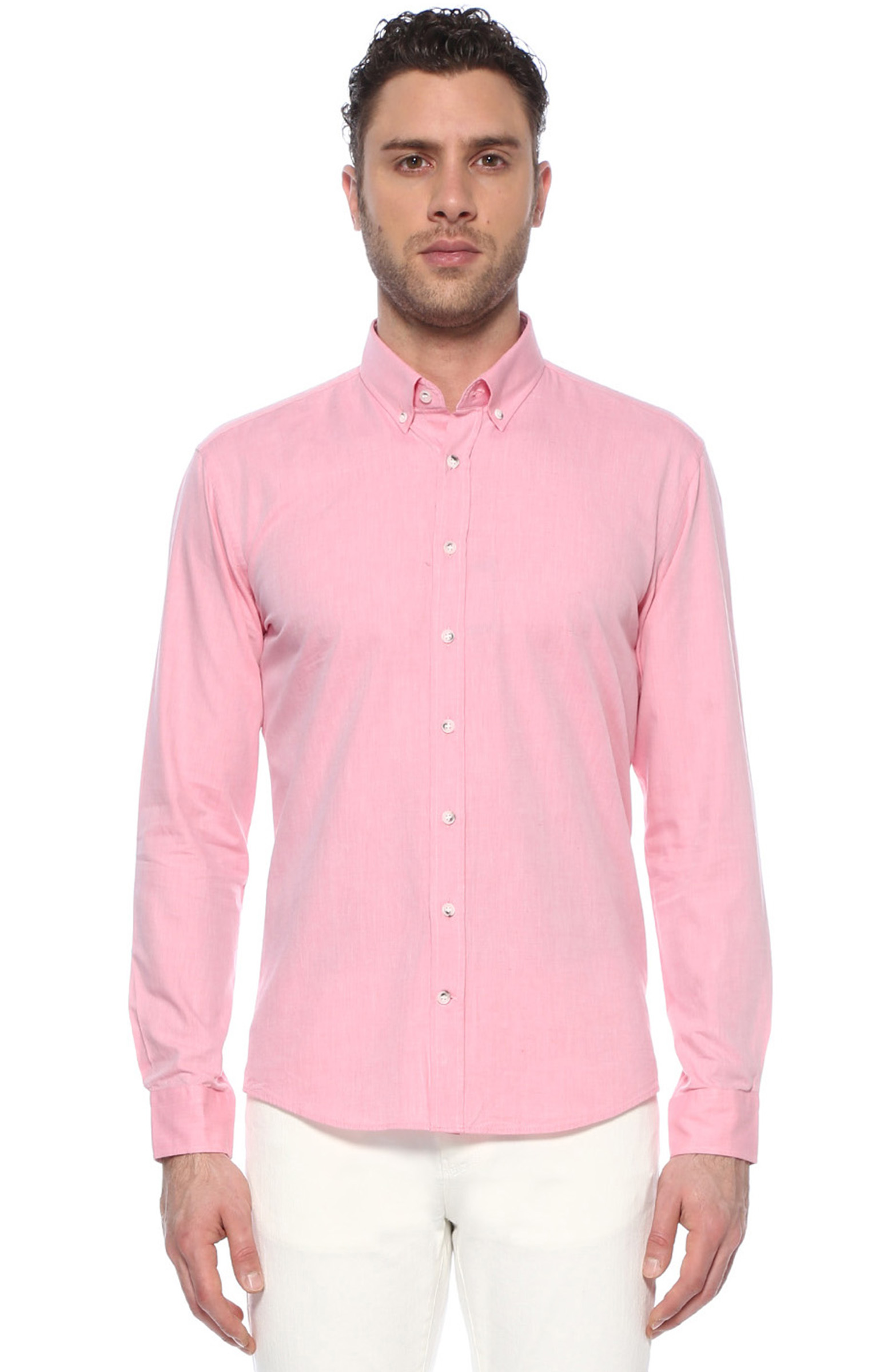 Slim Fit Pembe Düğmeli Yaka Gömlek Slim Fit Pembe Düğmeli Yaka Gömlek