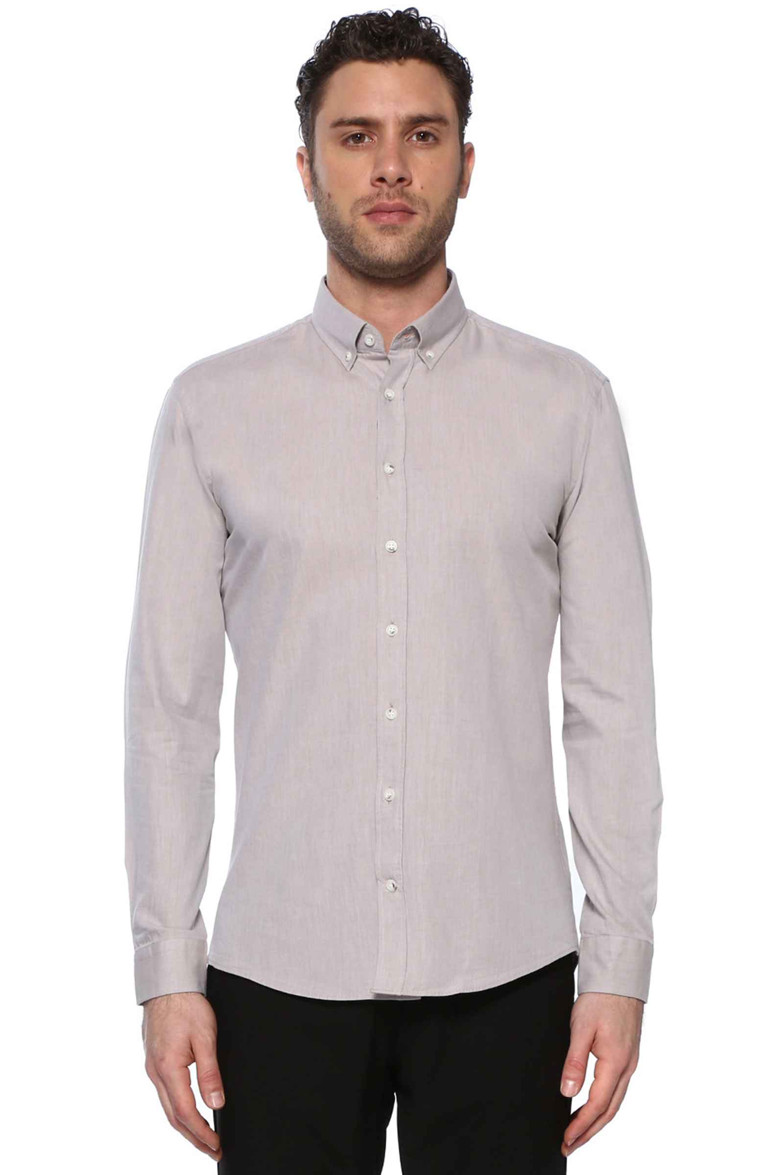 Slim Fit Bej Düğmeli Yaka Gömlek Slim Fit Bej Düğmeli Yaka Gömlek