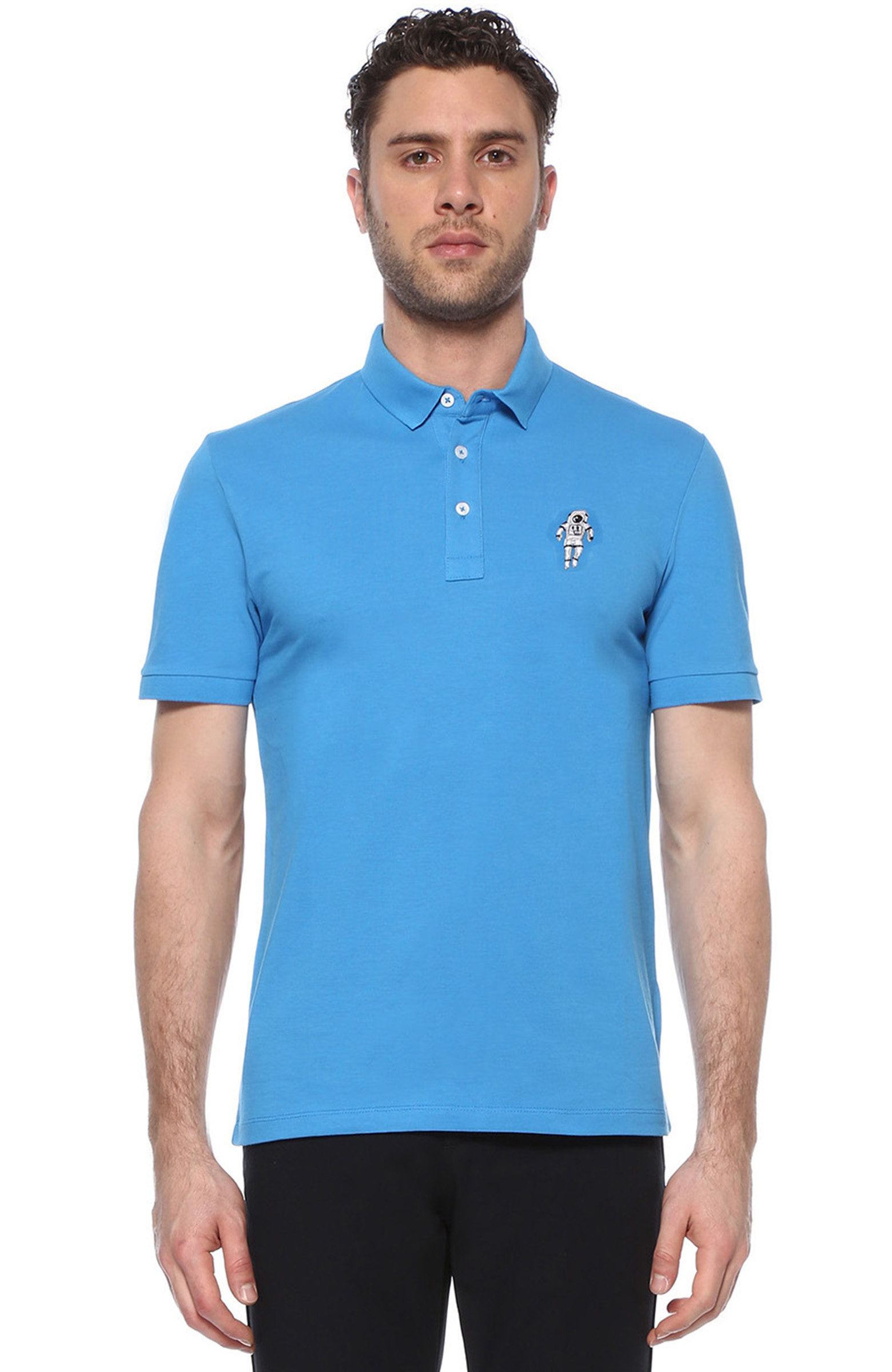 Slim Fit Mavi Polo Yaka Patchli T-shirt