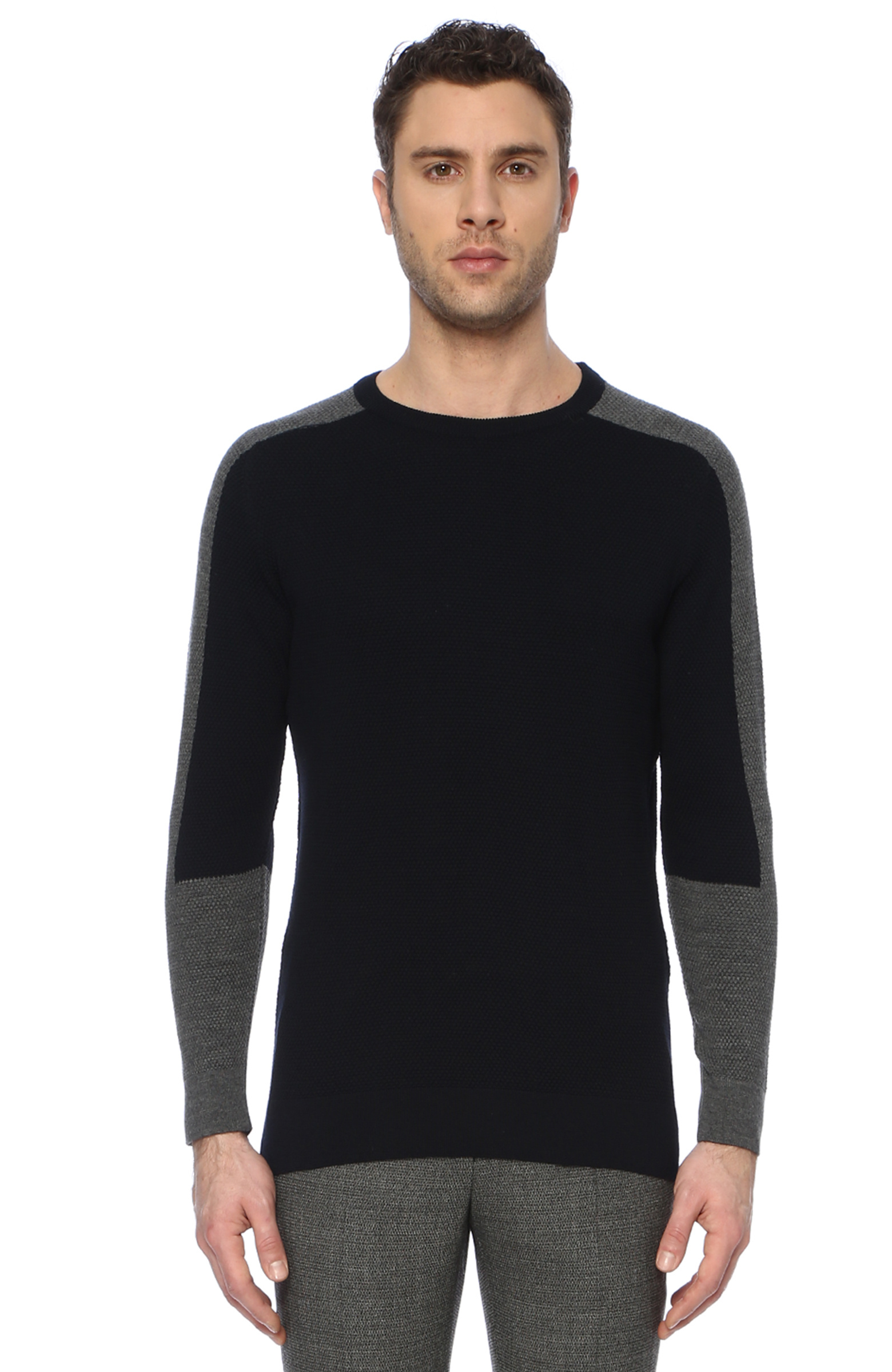 Bisiklet Yaka Gri Lacivert Kazak