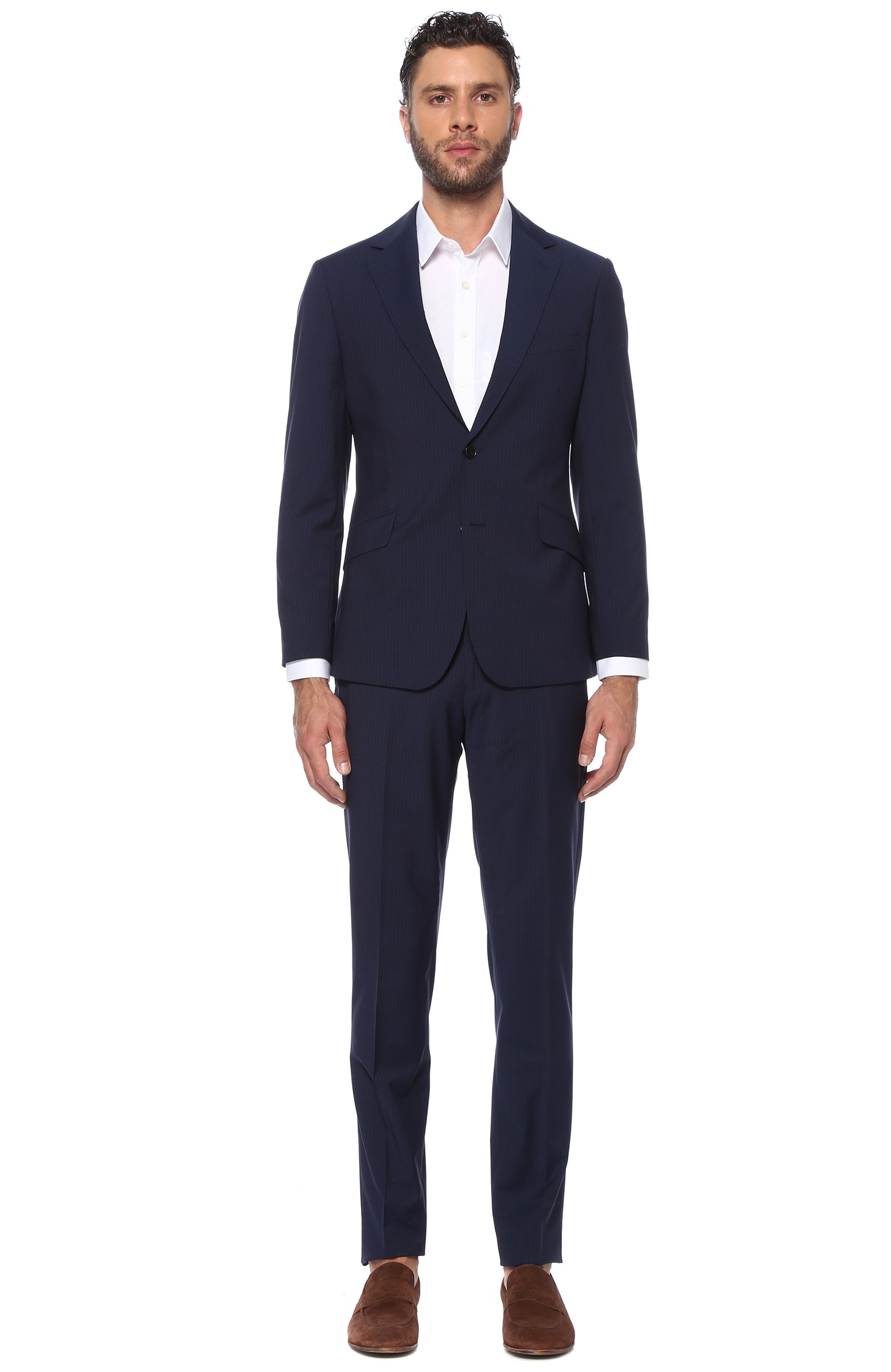 Slim Fit Lacivert Çizgili Takım Elbise