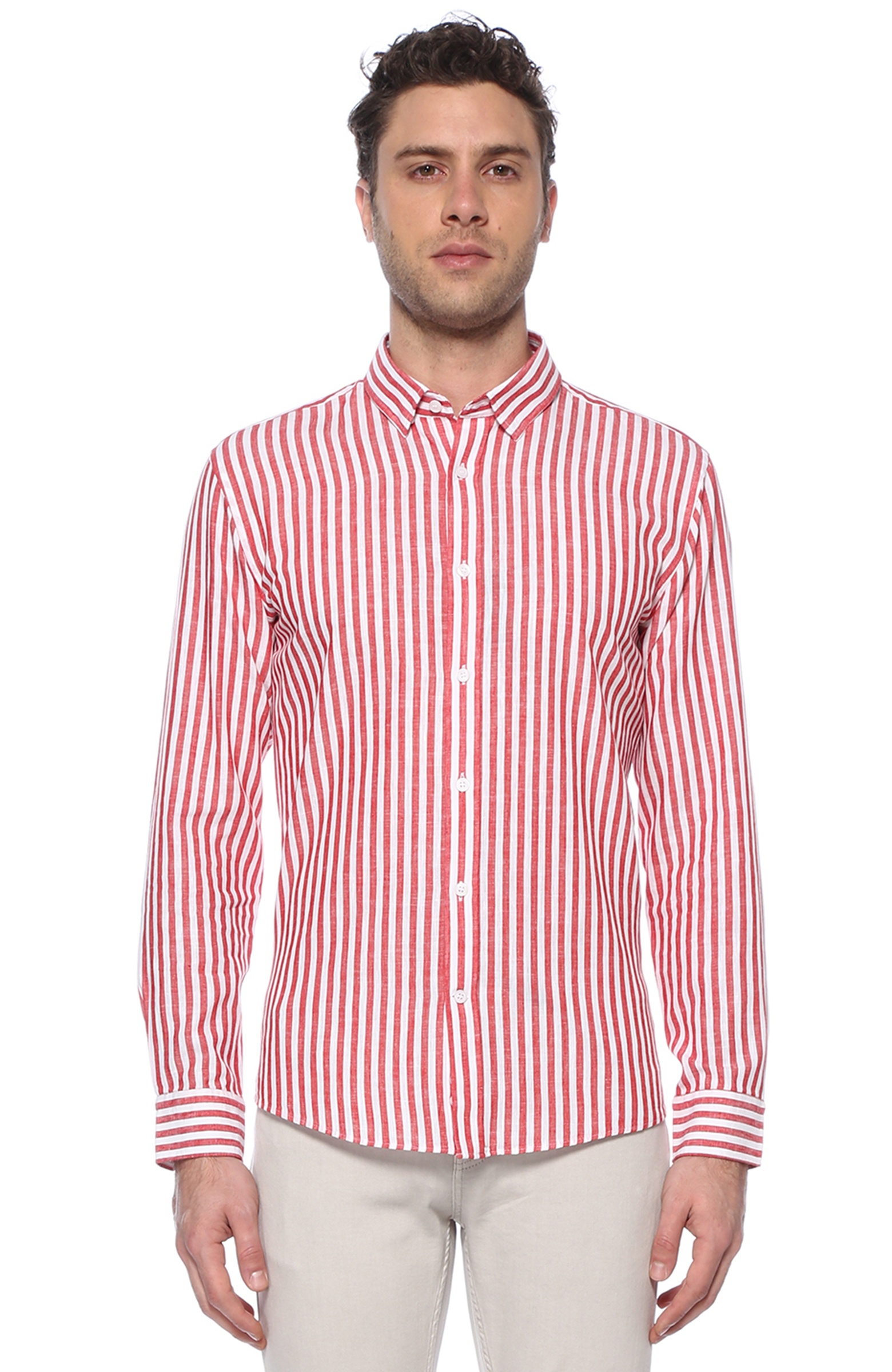 Slim Fit Kırmızı Beyaz Polo Yaka Çizgili Gömlek